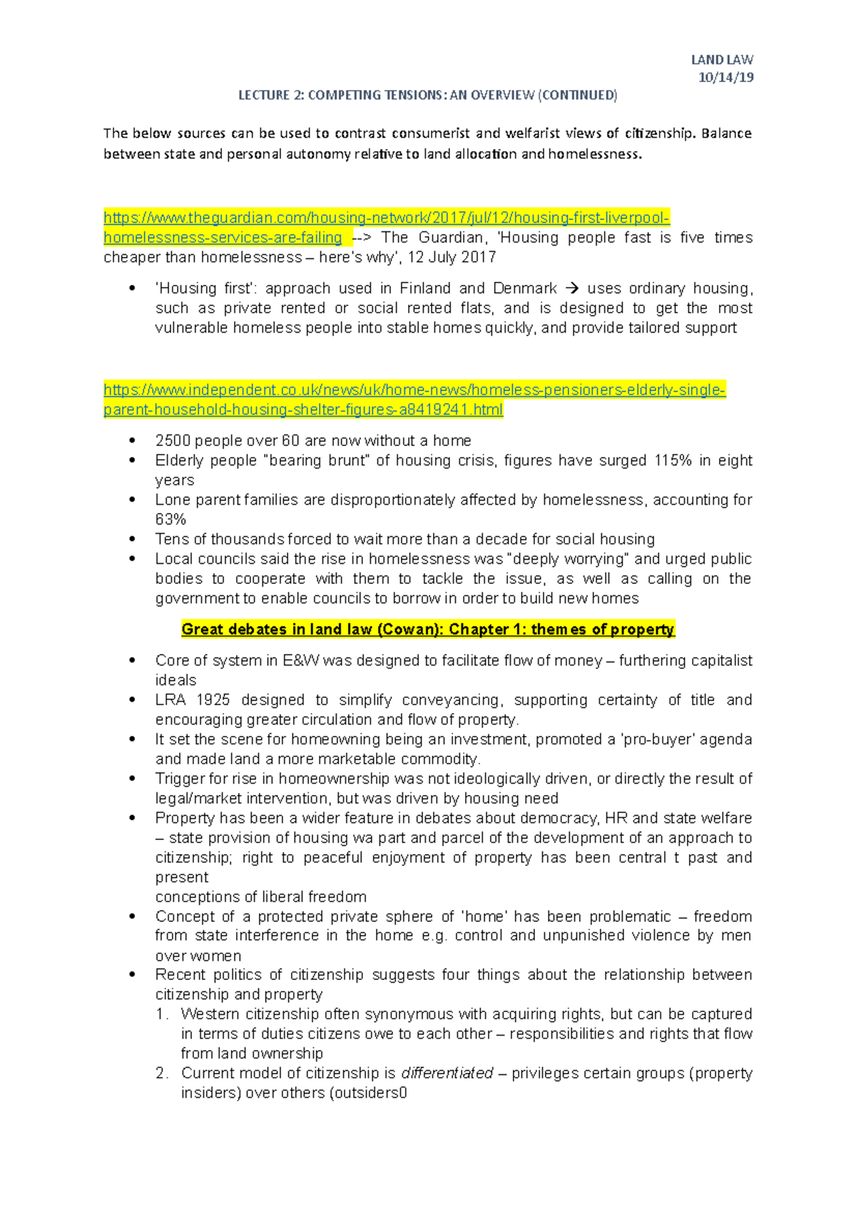 Land law lecture 2 - competing tensions - 10/14/ LECTURE 2: COMPETING ...