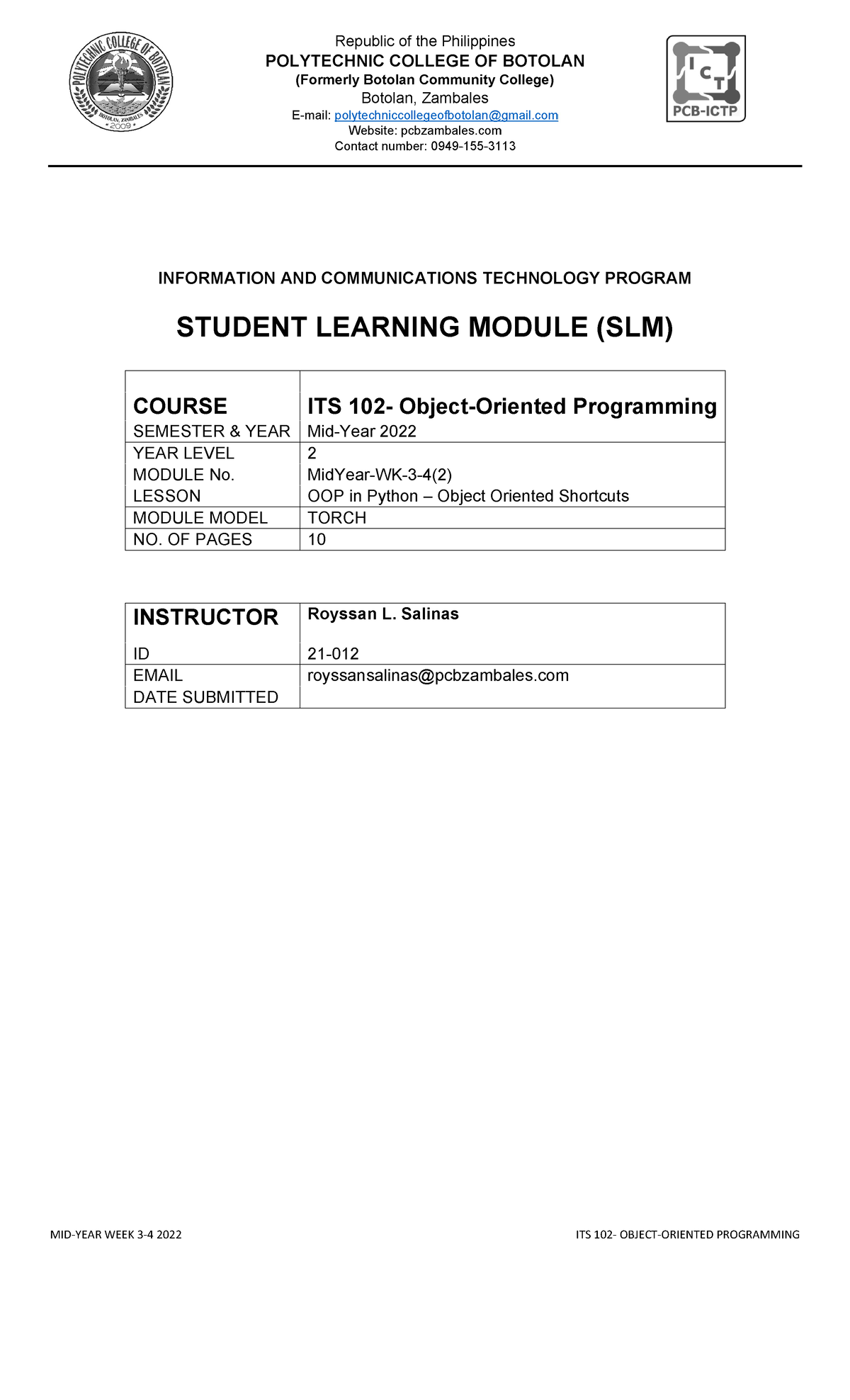 ITS102 OOP Mid year week 3-4(2) aa3441b5a381f252933 cf47f7d1798ce - MID ...