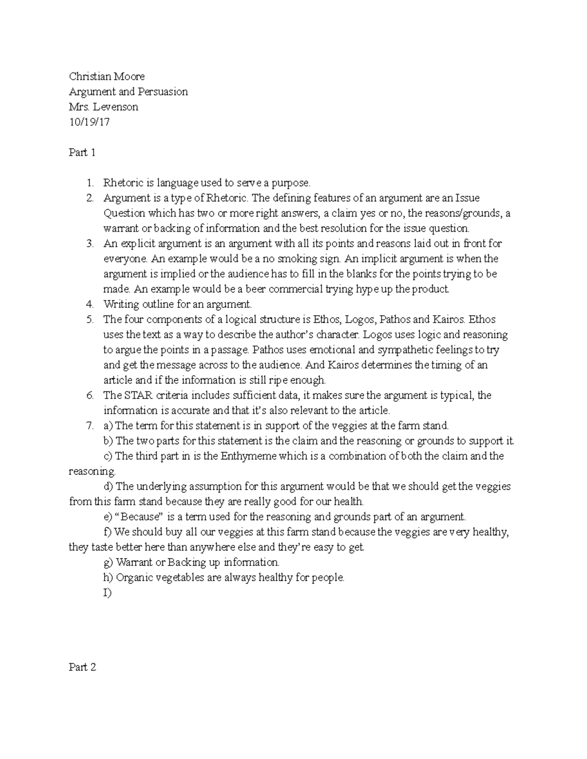 Stu Docu A&P - Detailed summary of the different parts of an argument ...