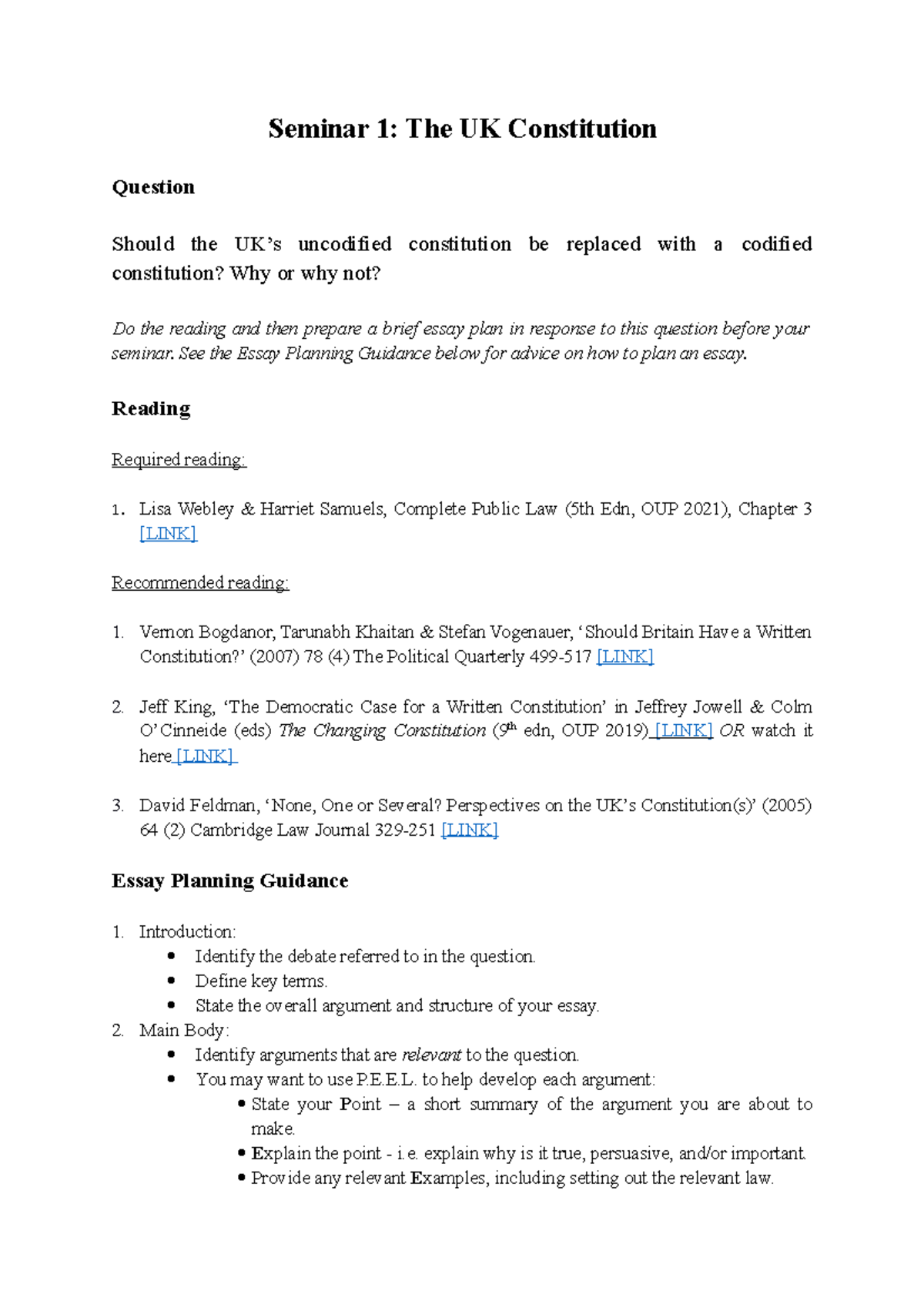 Seminar 1 Handout - Seminar 1: The UK Constitution Question Should the ...