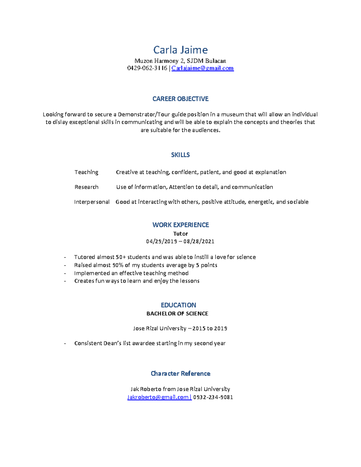 Carla Resume ACT221 ELFA - Carla Jaime Muzon Harmony 2, SJDM Bulacan 0429-062-3116 | - Studocu