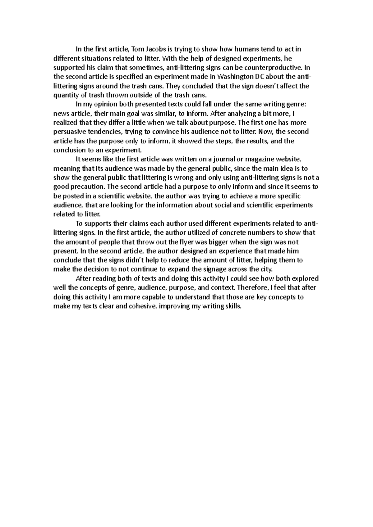 Composition I - P1 - Assignment 4 for comp - In the first article, Tom ...