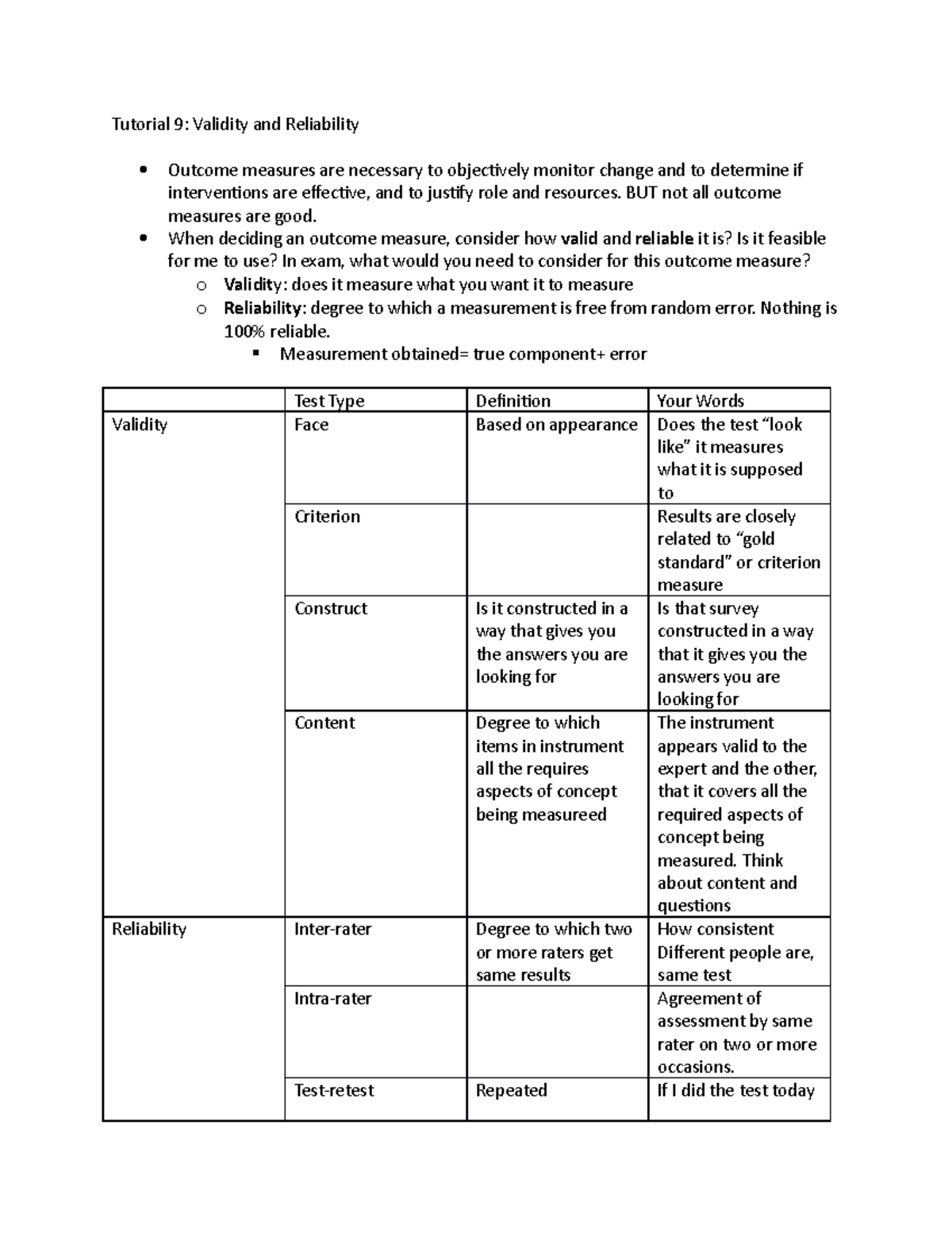 Validity and Reliability- Rehab 1 - Tutorial 9: Validity and ...