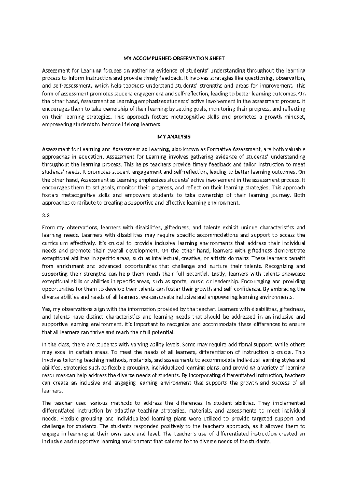 Accomplished- Reports - MY ACCOMPLISHED OBSERVATION SHEET Assessment ...