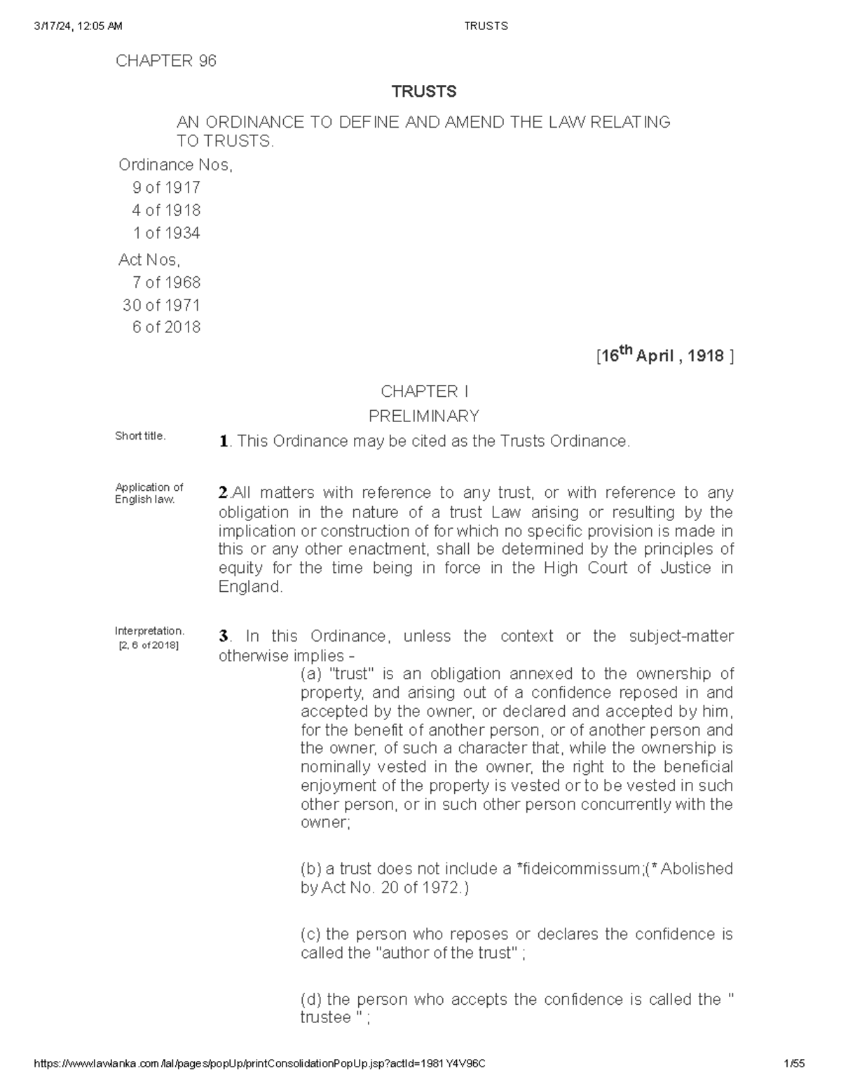 Ordinanace trust - Ordinance Nos, 9 of 1917 4 of 1918 1 of 1934 Act Nos, 7 of 1968 30 of 1971 6 ...