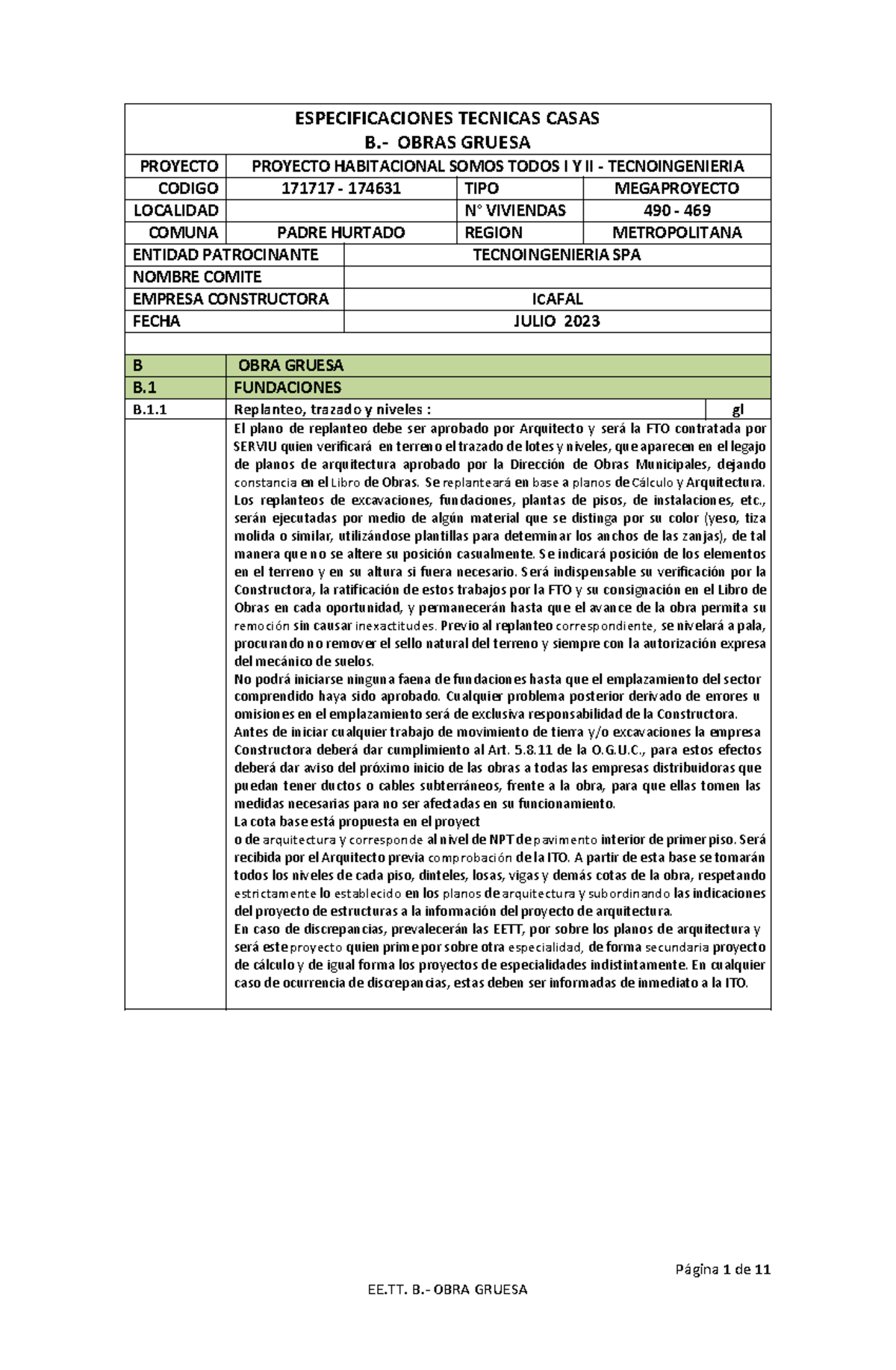1. EETT B CASA OBRA Gruesa - Página 1 de 11 ESPECIFICACIONES TECNICAS CASAS B.- OBRAS GRUESA ...