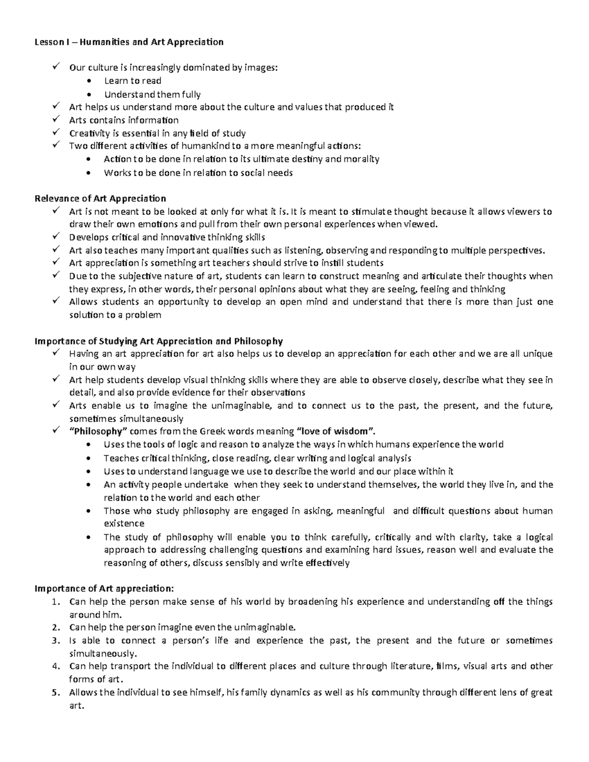 Art Appreciation lesson 1 - Lesson I – Humanities and Art Appreciation ...