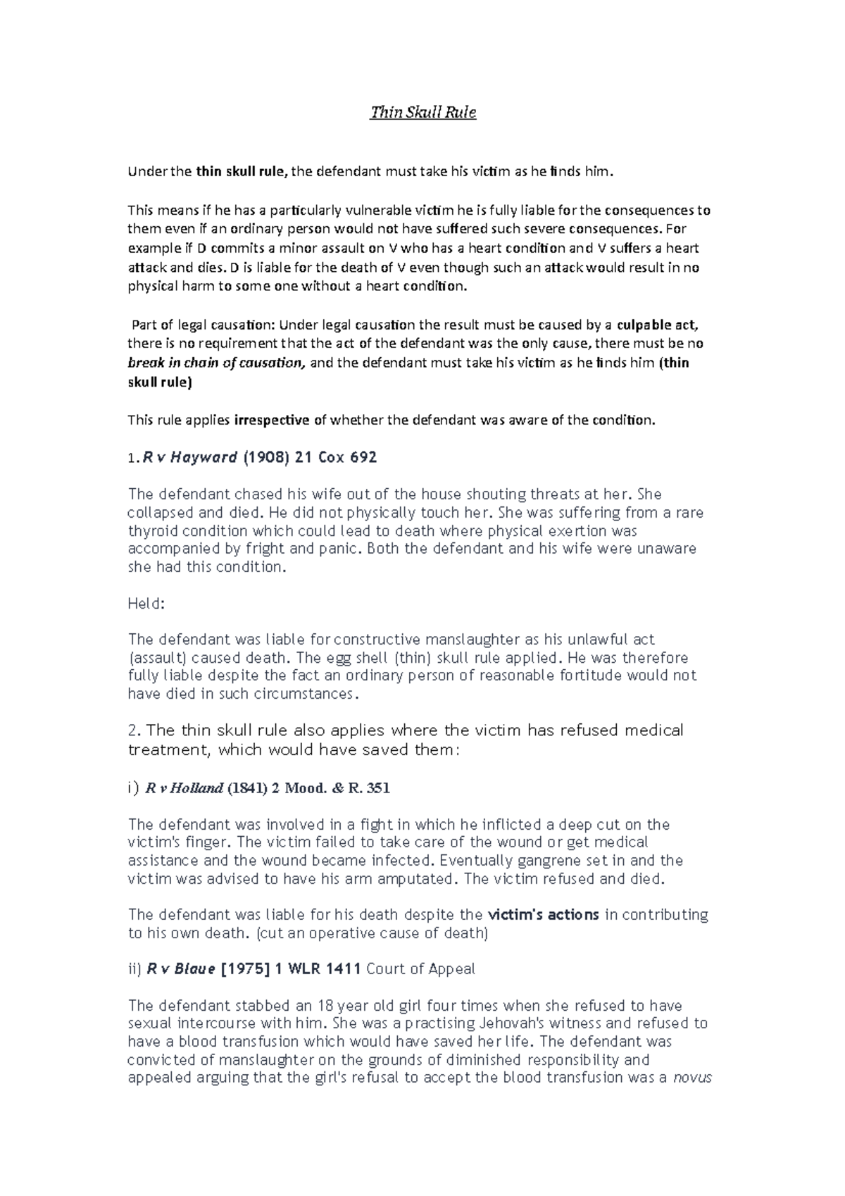 Legal - Notes Regarding The Thin Skull Rule (With Examples) - Thin ...