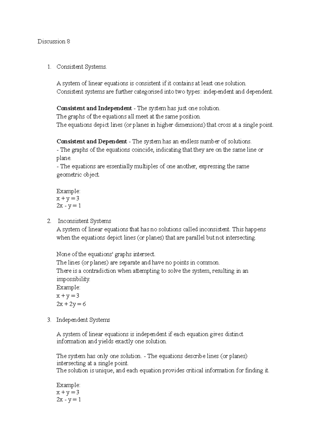 Discussion 8 - Consistent Systems. A system of linear equations is ...