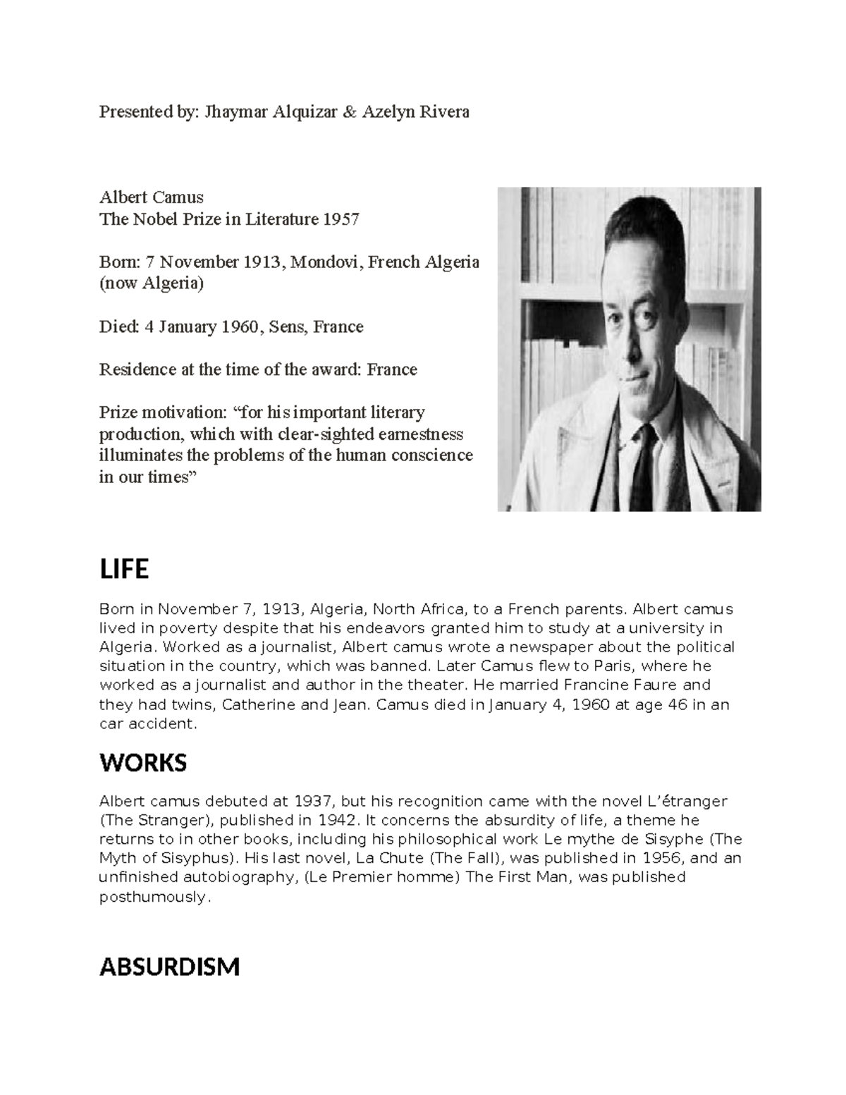 Albert Camus: life and works - Presented by: Jhaymar Alquizar & Azelyn ...