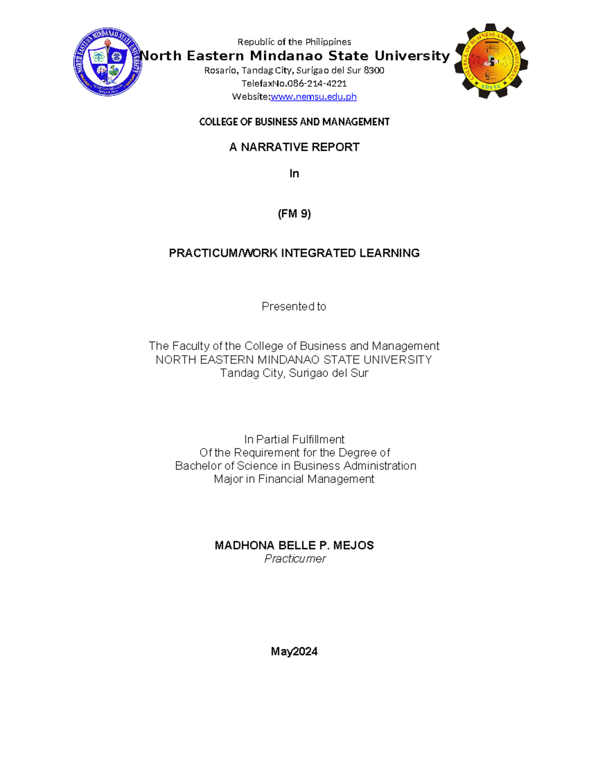 A Narrative Report - i North Eastern Mindanao State University Rosario ...