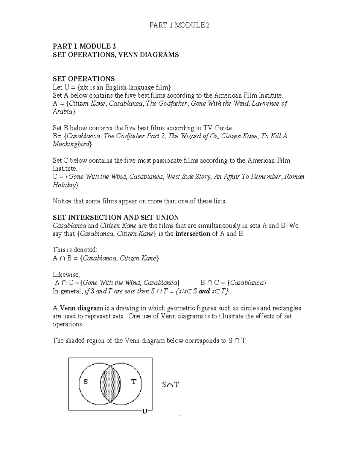 Sets module and worrksheet - PART 1 MODULE 2 SET OPERATIONS, VENN DIAGRAMS SET OPERATIONS Let U ...