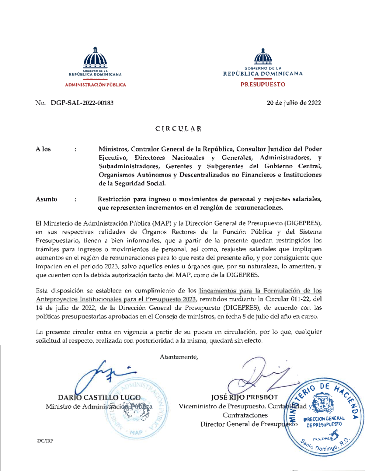 Circular DGP-SAL-2022-00183 Restriccion Ingreso Movimiento Y Reajustes ...