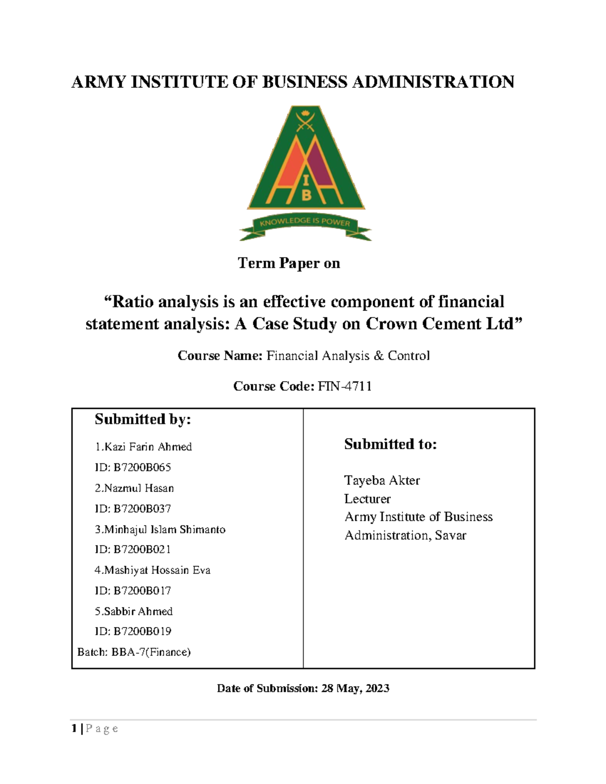 Edited Financial Analysis TP - ARMY INSTITUTE OF BUSINESS ...