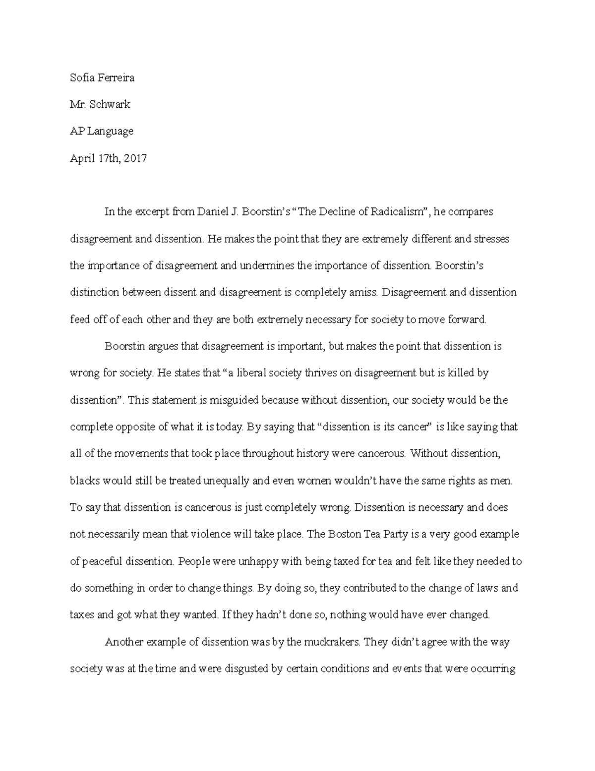 AP Lang Dissention Essay Sofia Ferreira Mr Schwark AP Language April