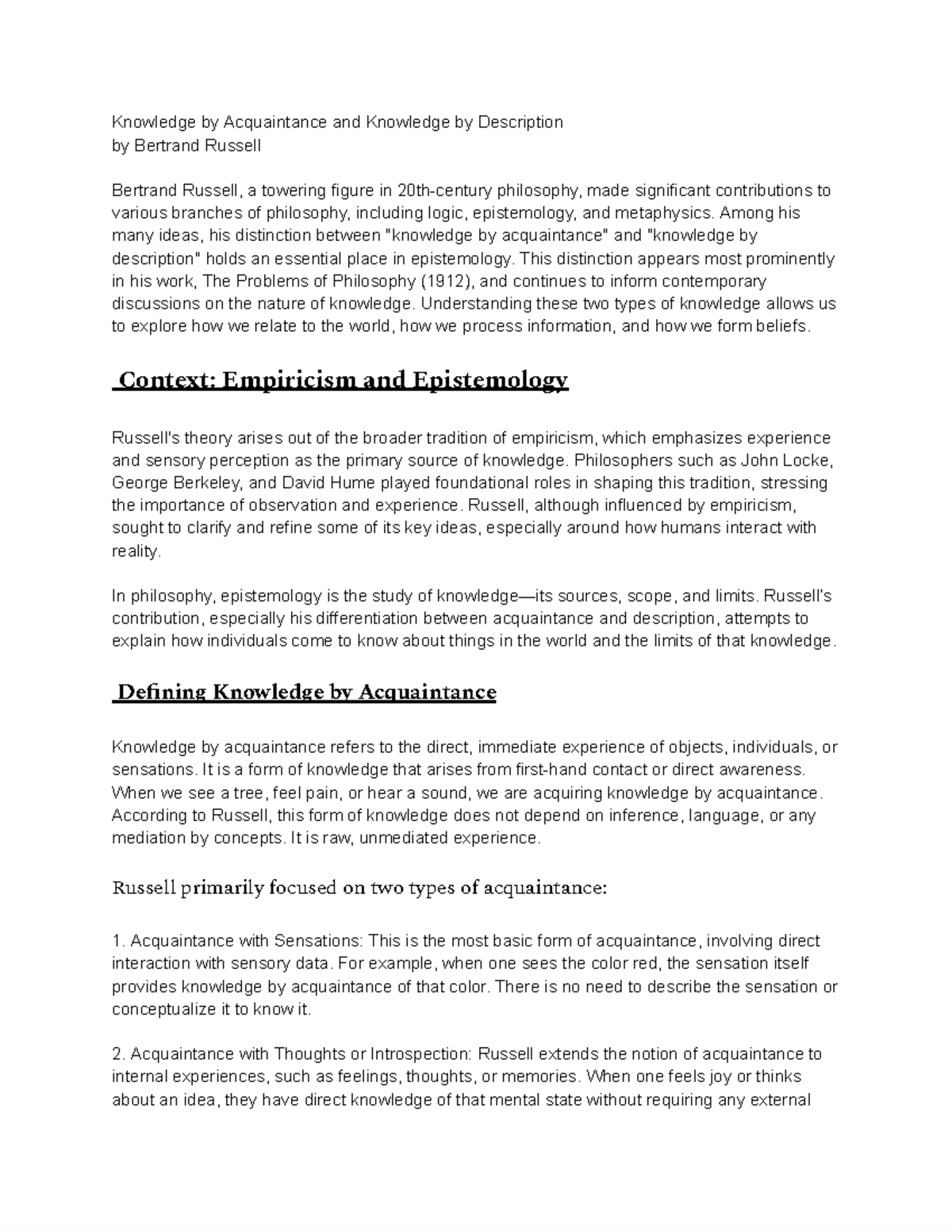 Acq and des - notes - ####### Knowledge by Acquaintance and Knowledge ...