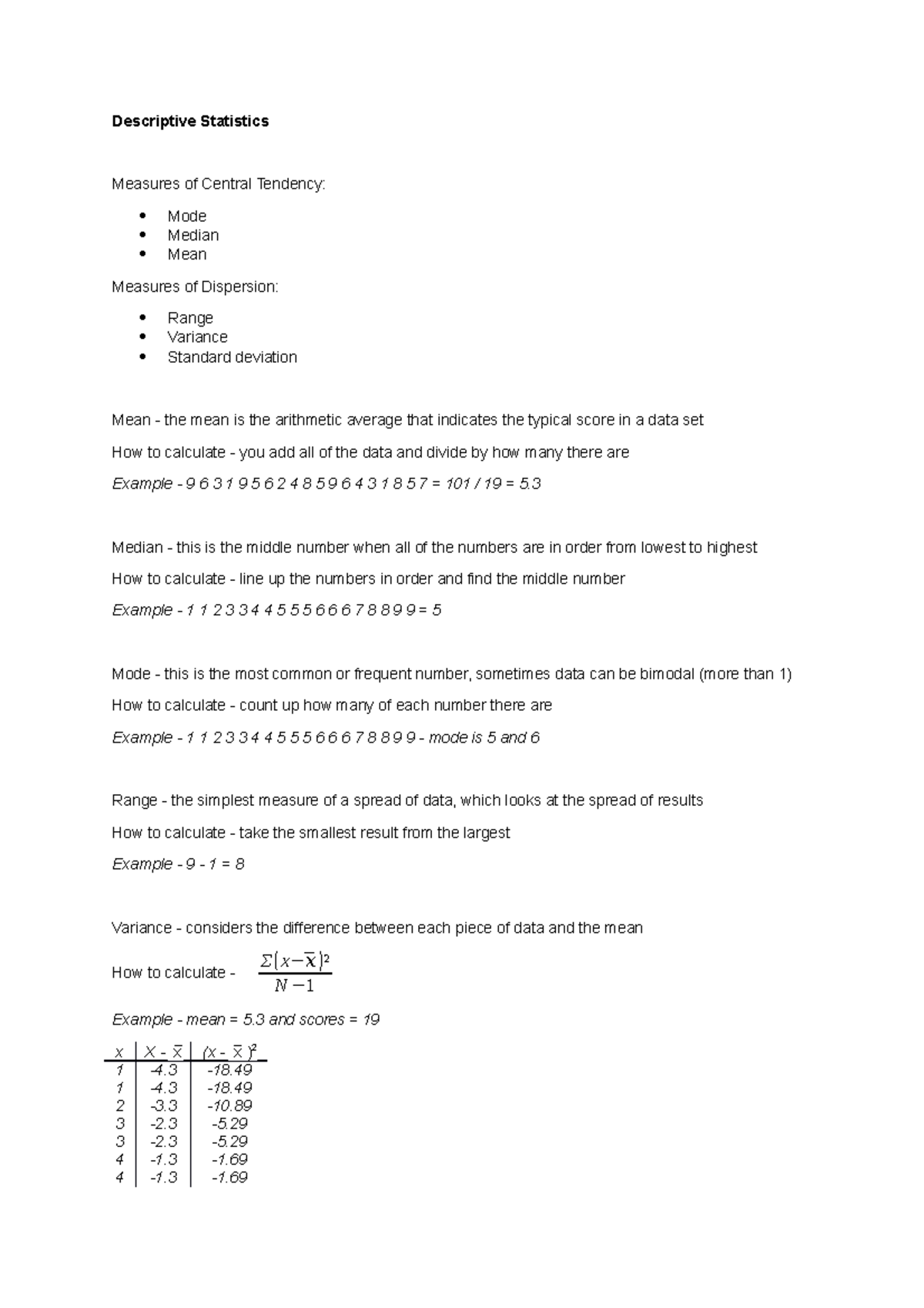 Descriptive Statistics - Descriptive Statistics Measures of Central ...