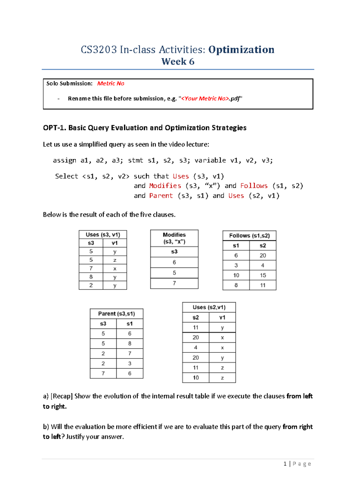 CS3203 Solo Assignment 6 - CS3203 In-class Activities: Optimization Week 6 Solo Submission ...
