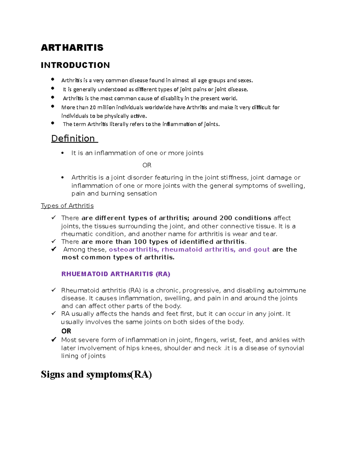 Artharitis Bsc nursing notes - ARTHARITIS INTRODUCTION Arthritis is a ...