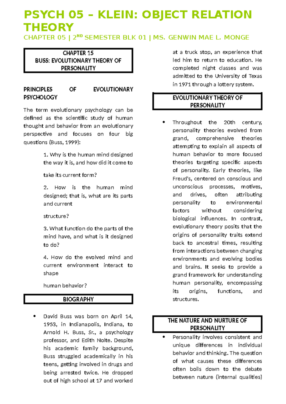 CHAP-15-BUSS - theories of personality subject - PSYCH 05 – KLEIN ...