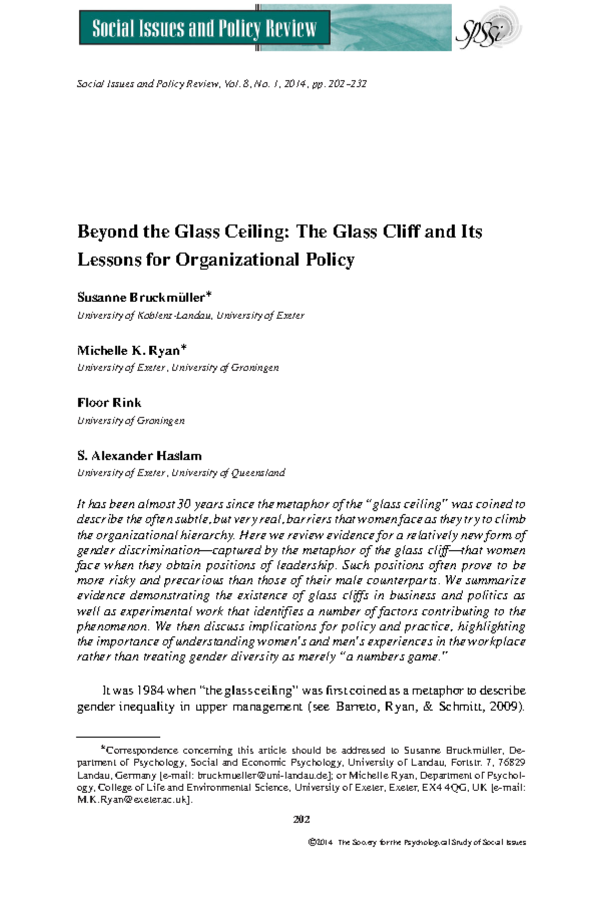 Beyond the Glass Ceiling - Social Issues and Policy Review, Vol. 8, No ...