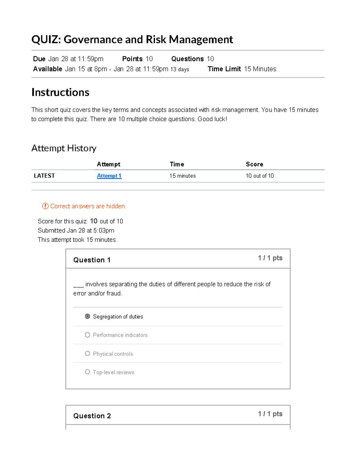 Quiz 1 - QUIZ: Governance and Risk Management Due Jan 28 at 11:59pm ...