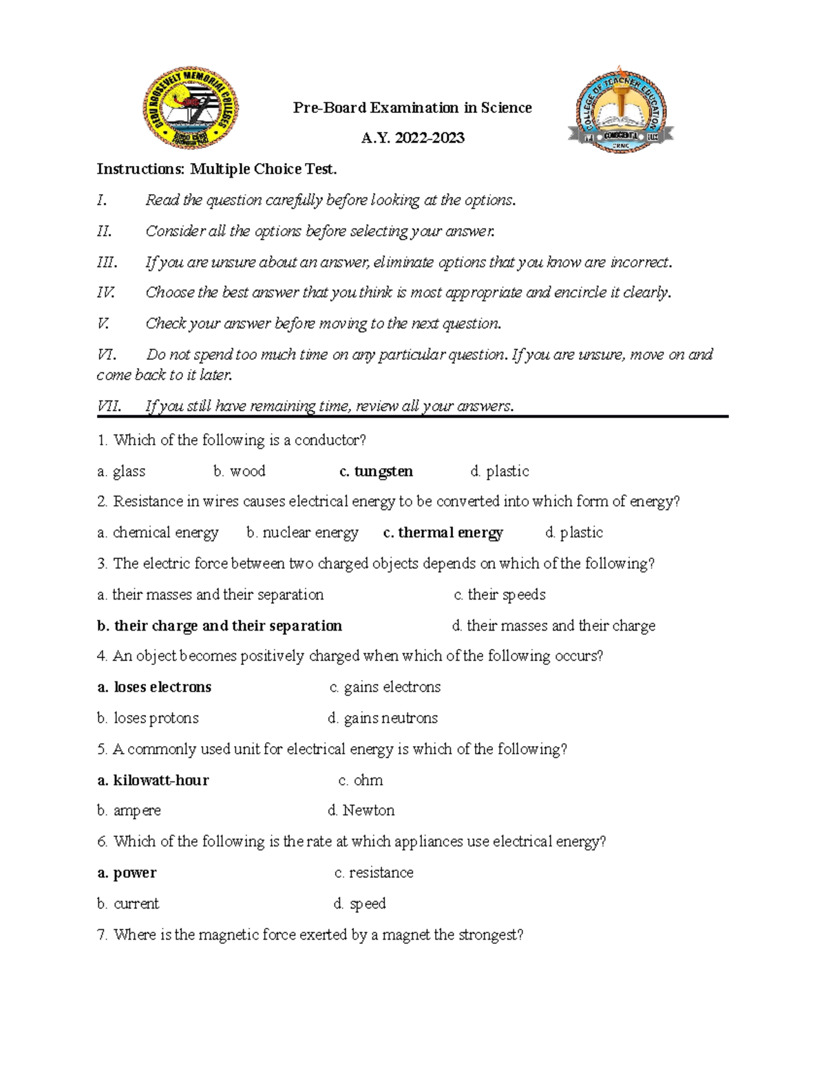 Pre-Board Examination in General Science - Pre-Board Examination in ...