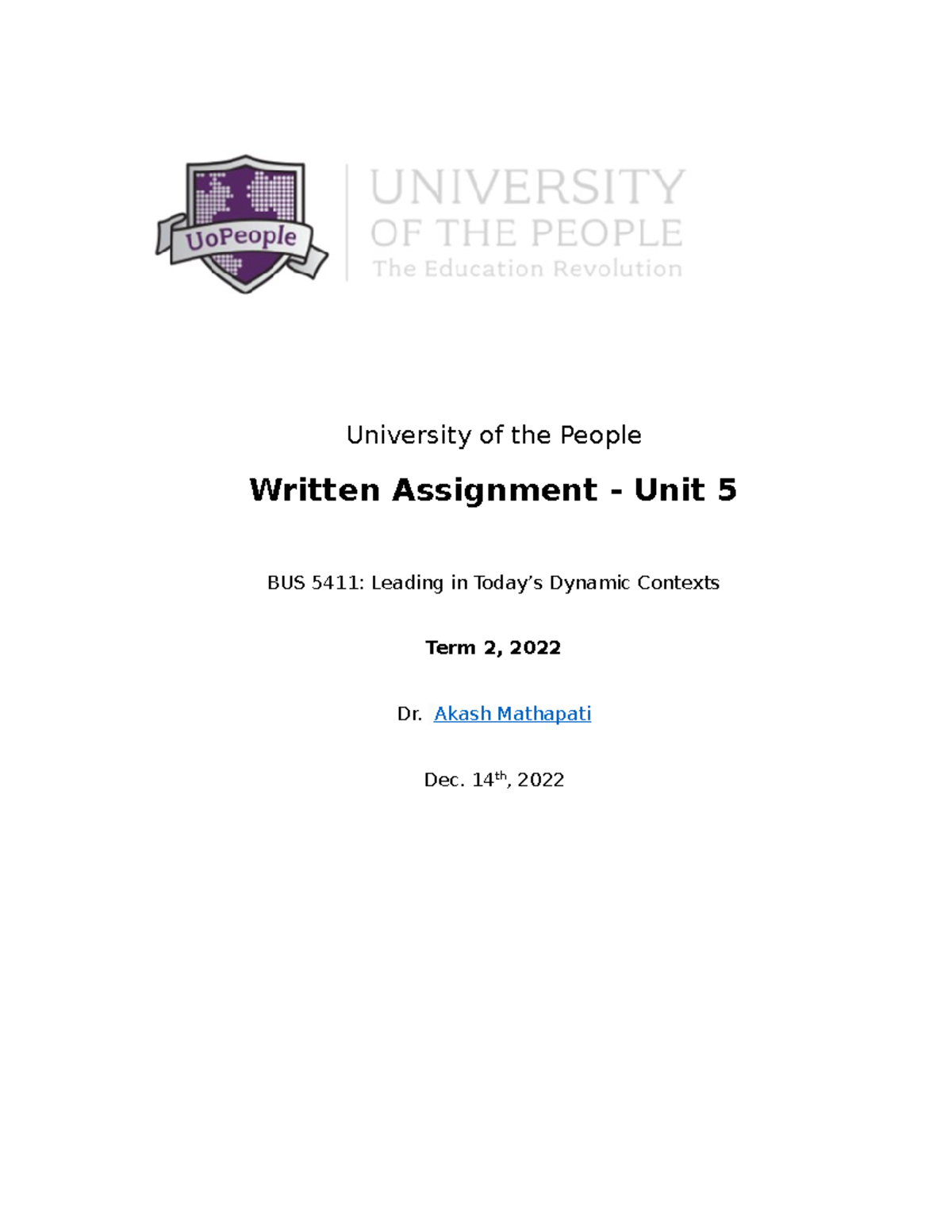 Unit 5 - Written Assignment - University of the People Written ...