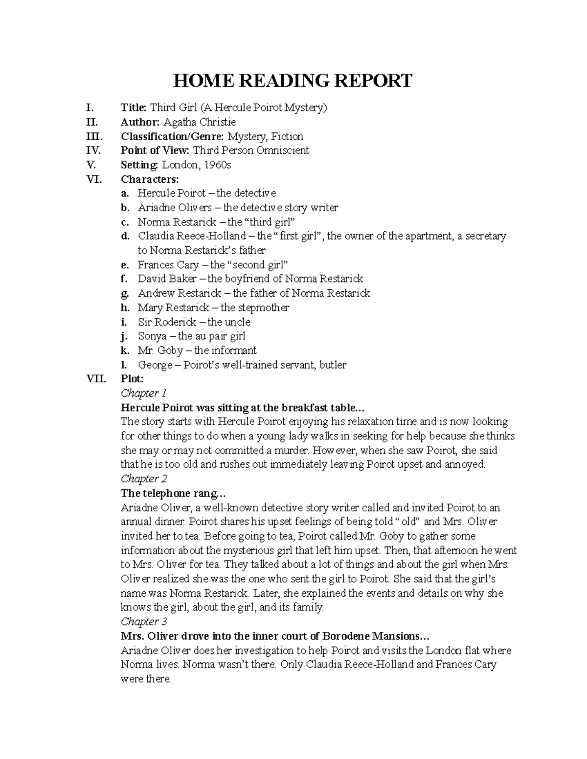 HOME Reading Report ( Third GIRL) - HOME READING REPORT I. Title: Third ...