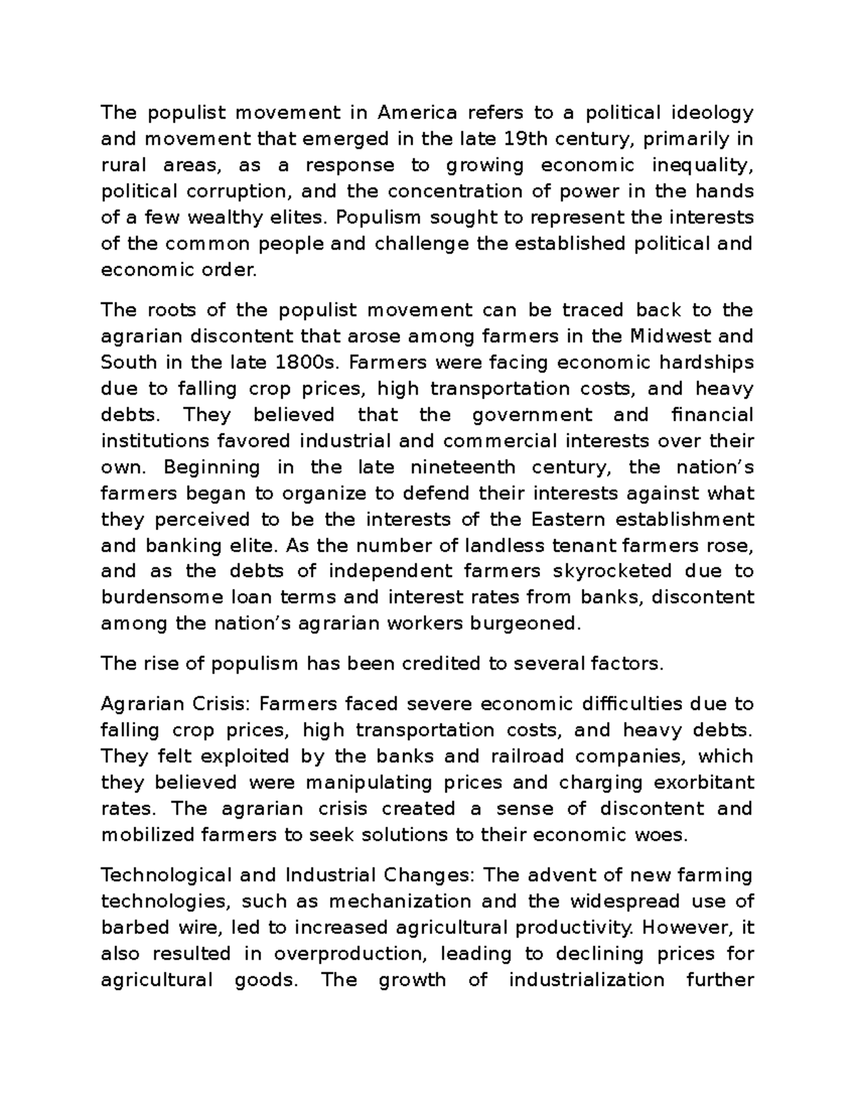 The populism - Populism sought to represent the interests of the common ...
