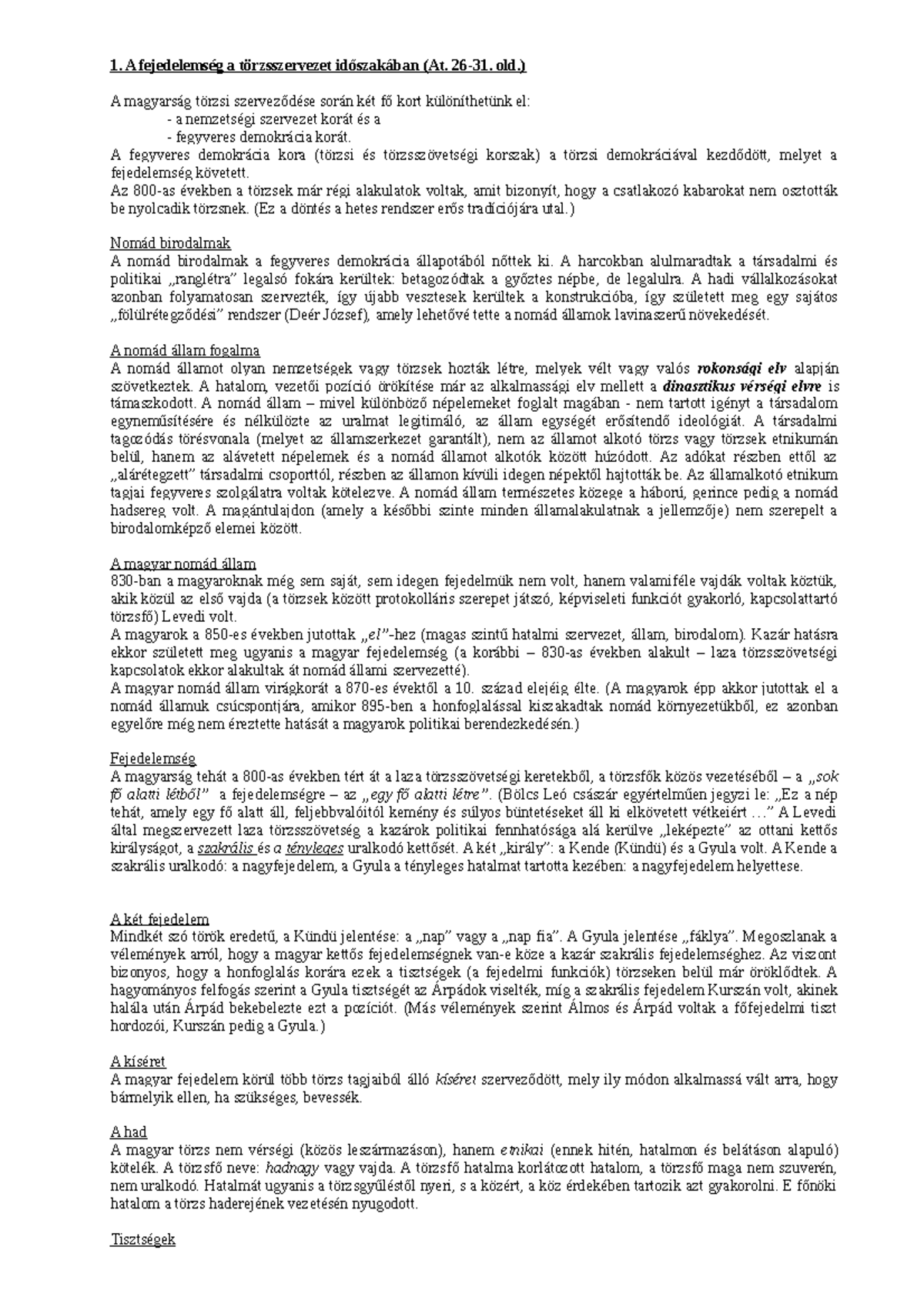 Magyar állam és jogtörténet gyakorlat I. jegyzetek - A fejedelemség a ...