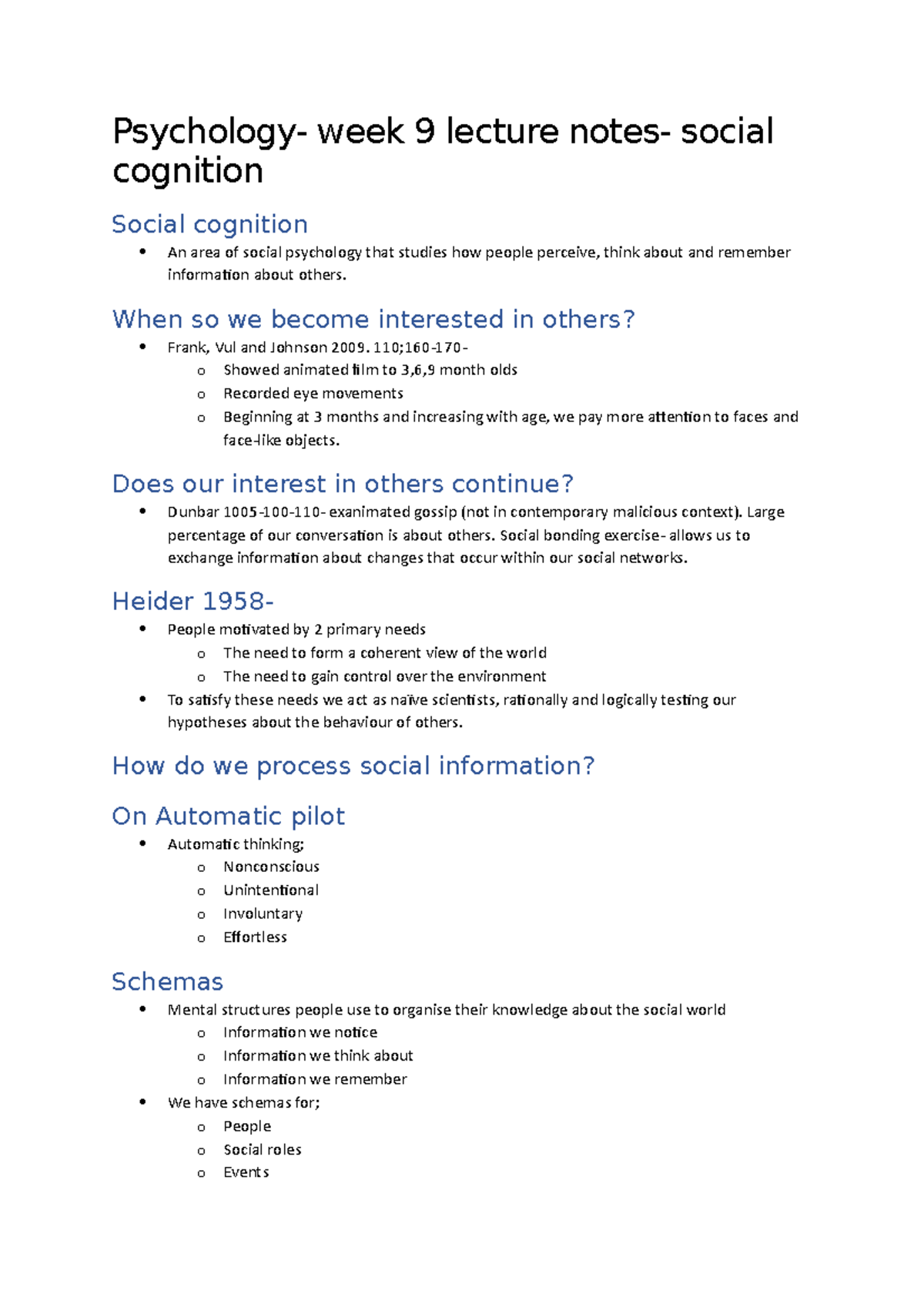Introduction To Psychology I Lecture Notes Week 9 Social Cognition Psychology Week 9