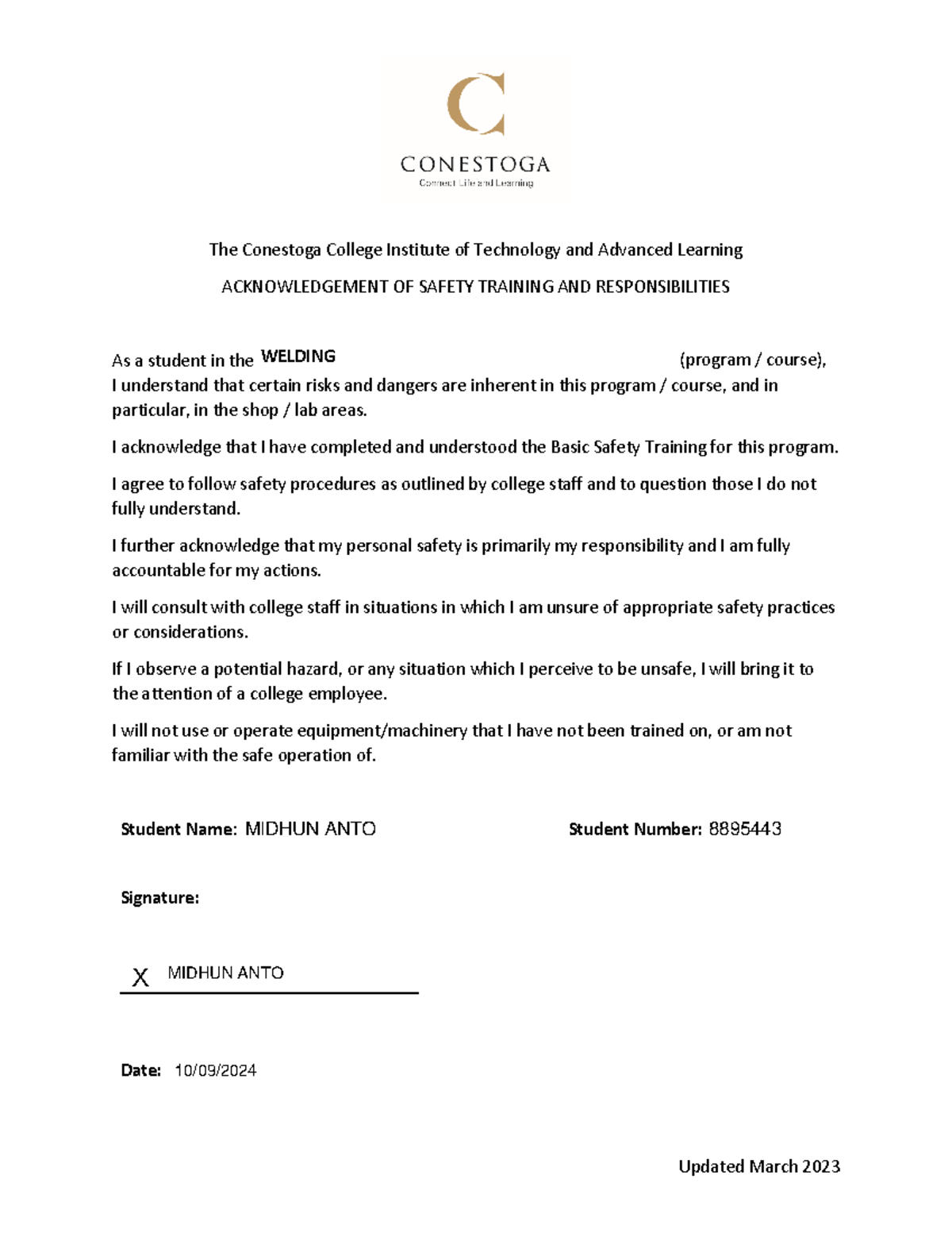 Safety Training Acknowledgement - March 2023 - Updated March 2023 The ...
