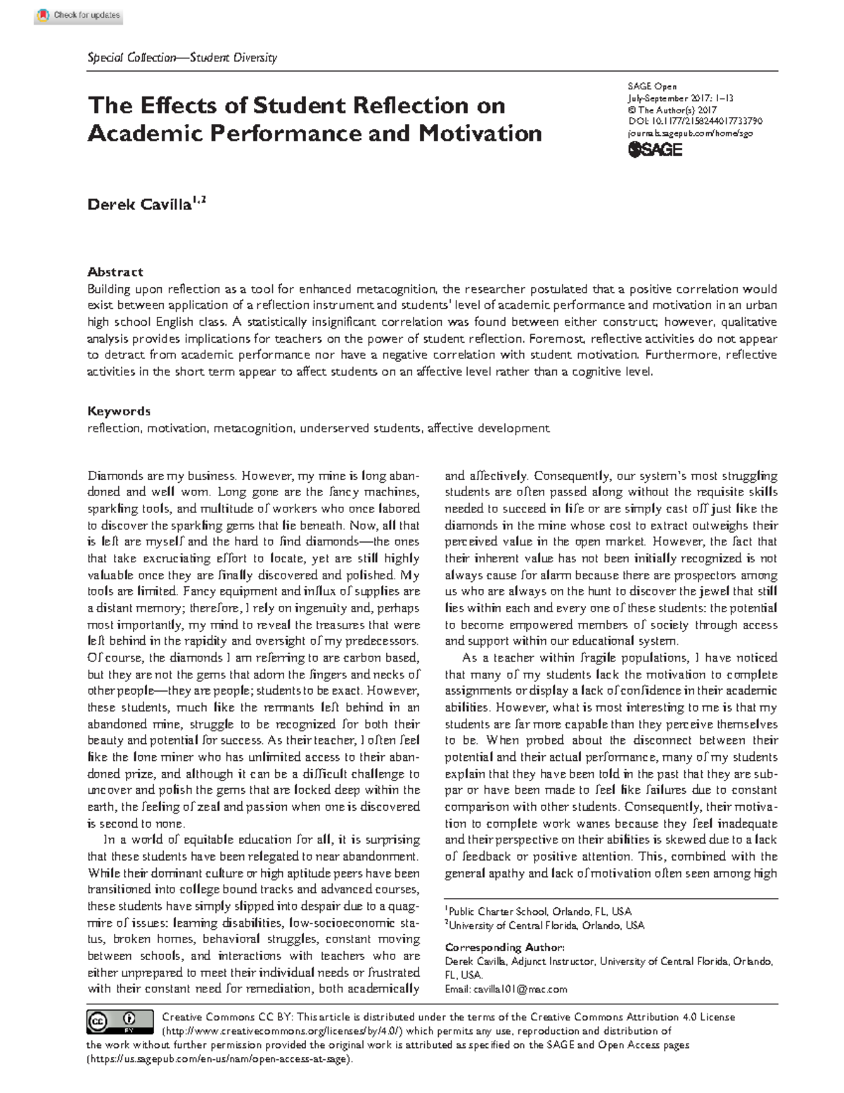 The Effects of Student Reflection on Academic Performance and ...