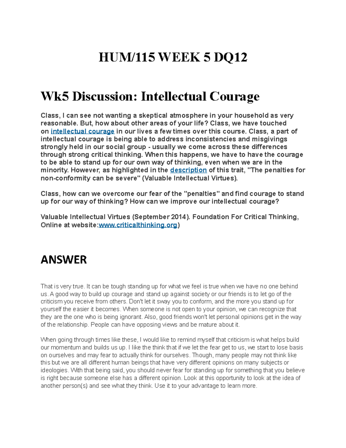 HUM115 DQ12 WEEK5 - Class discussion questions for participation points ...