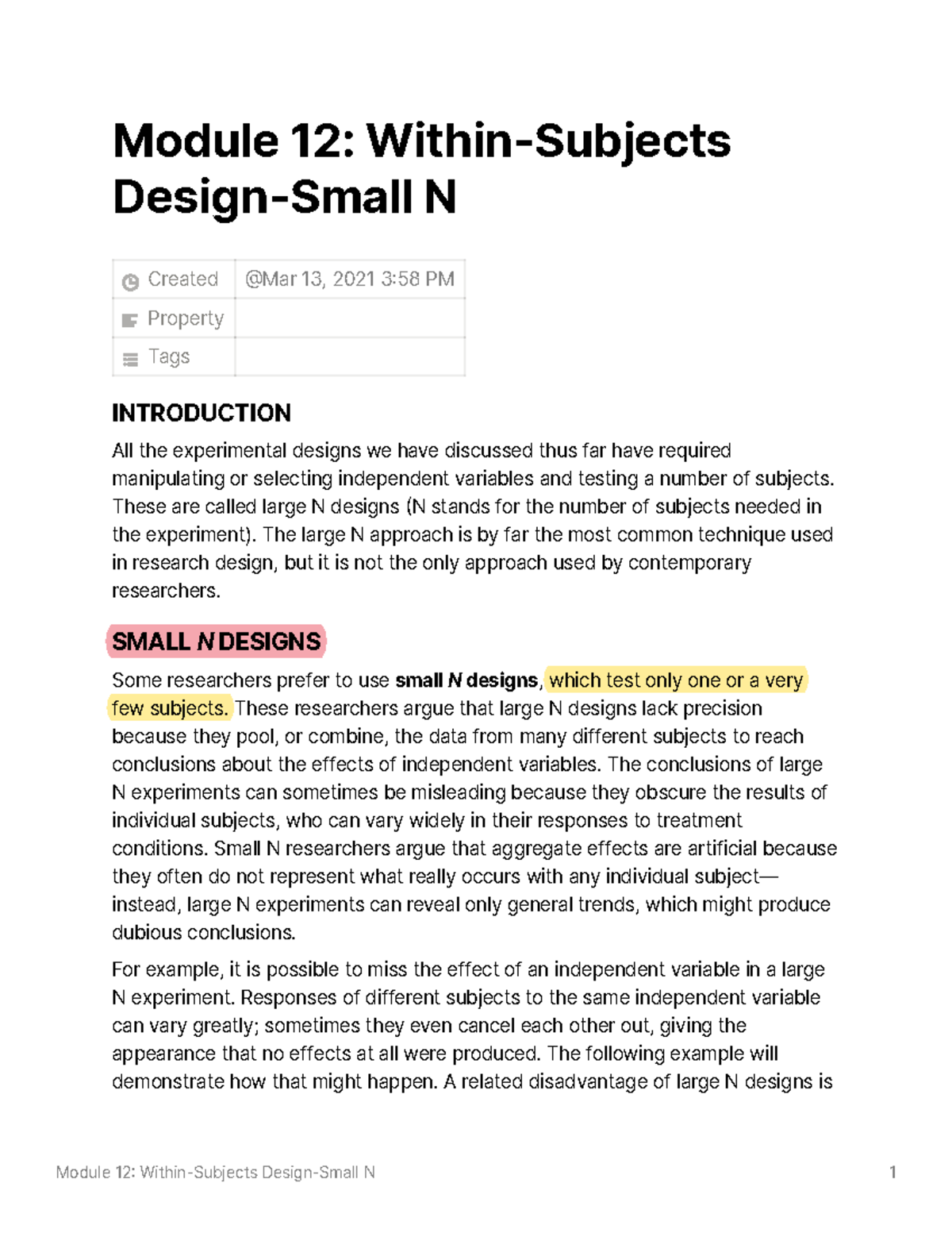Module 12 Within-Subjects Design-Small N - Module 12: Within-Subjects ...