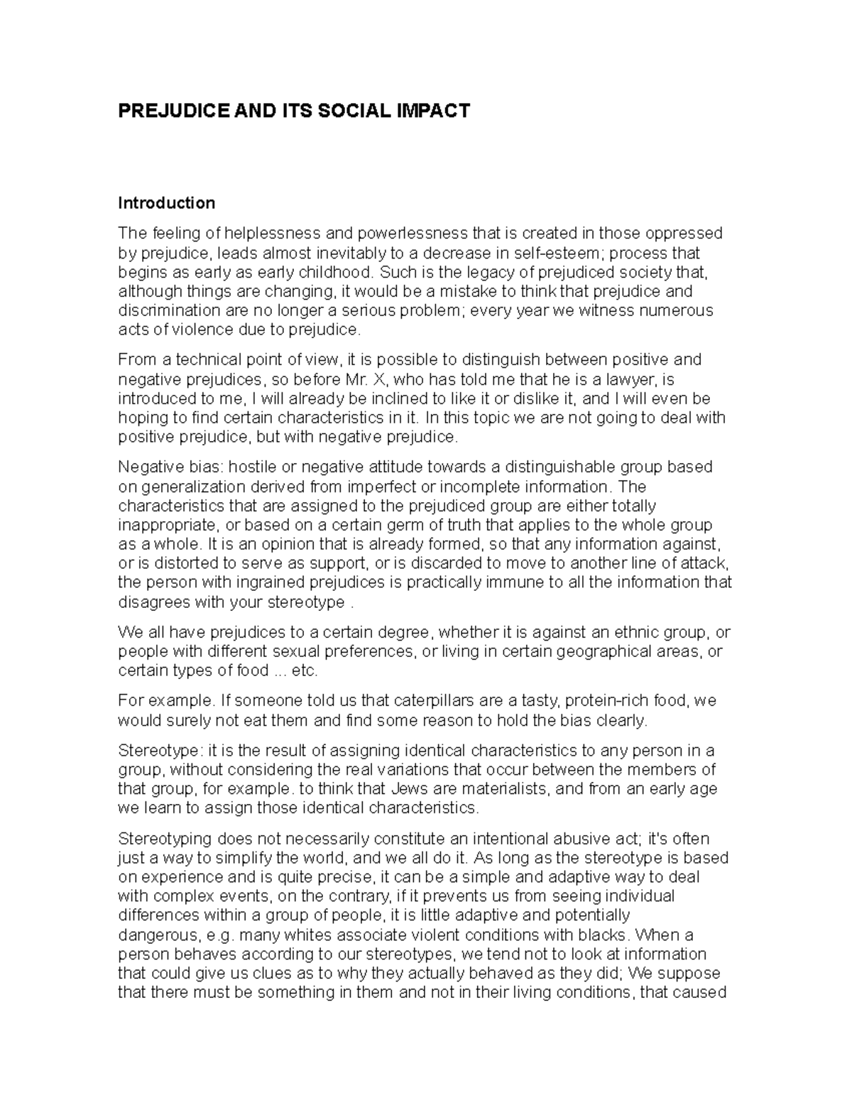 Prejudice and its social impact - PREJUDICE AND ITS SOCIAL IMPACT ...