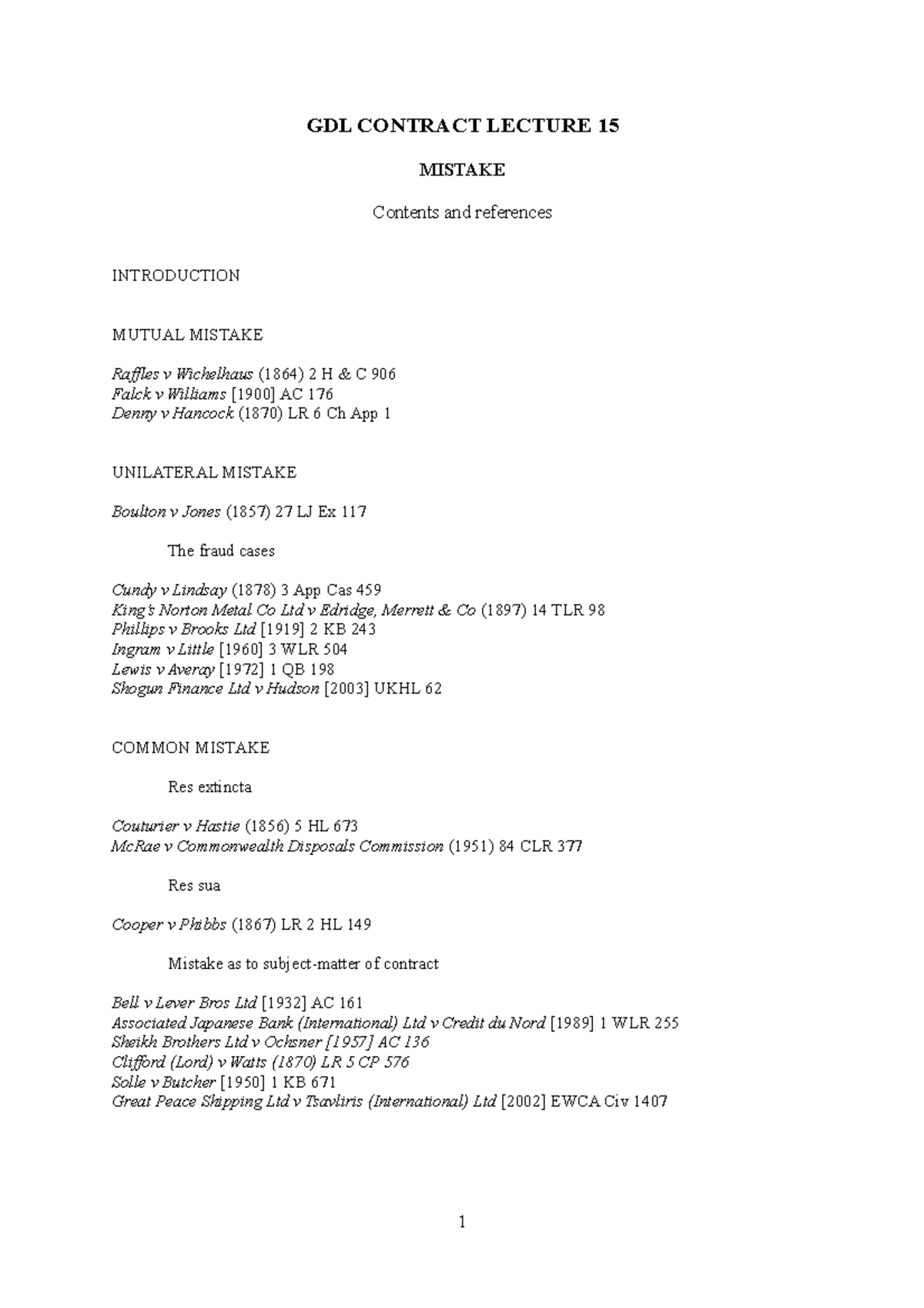 Lecture 15 - Mistake - GDL CONTRACT LECTURE 15 MISTAKE Contents and references INTRODUCTION ...