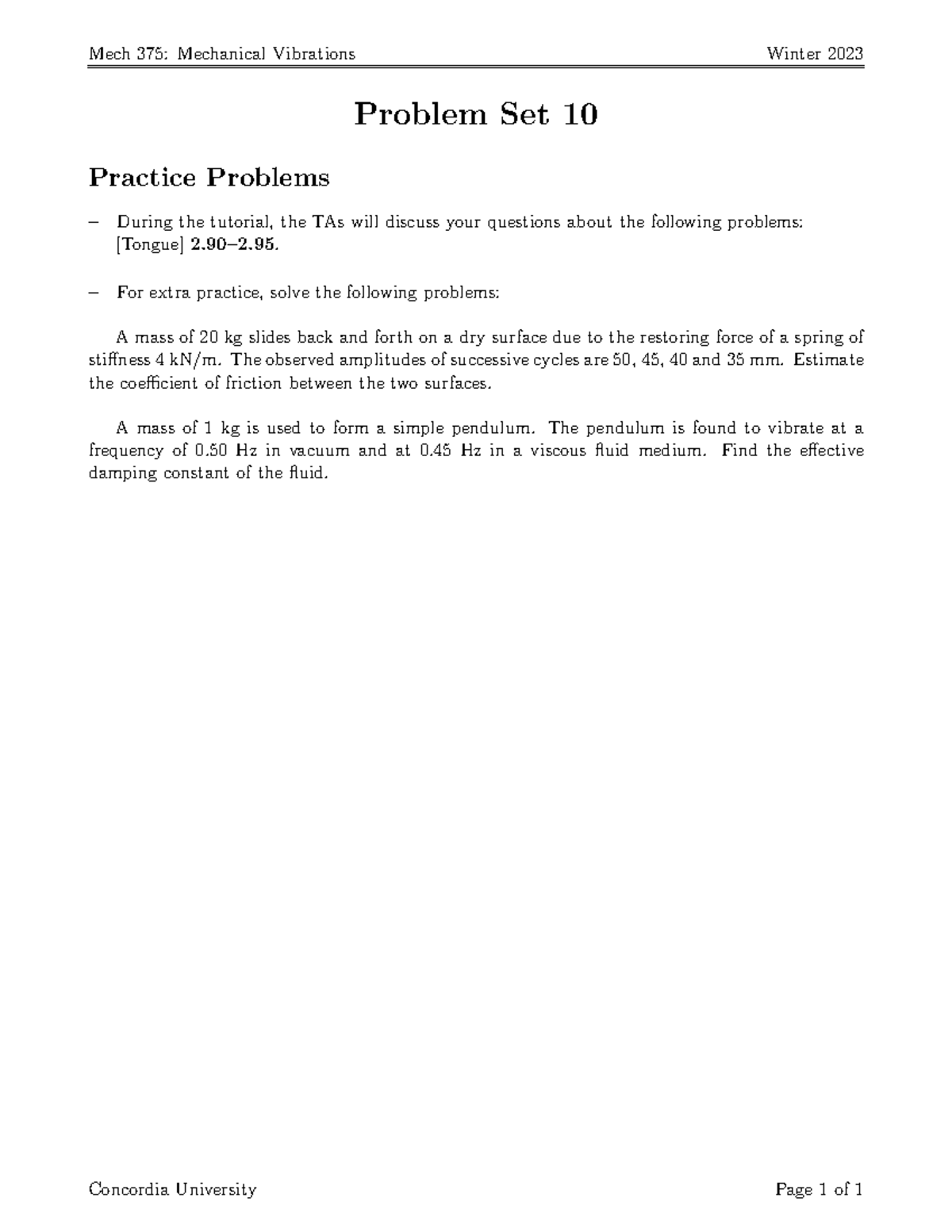 Problem Set 10 - Tutorial work for week 11 with final exercises - Mech ...
