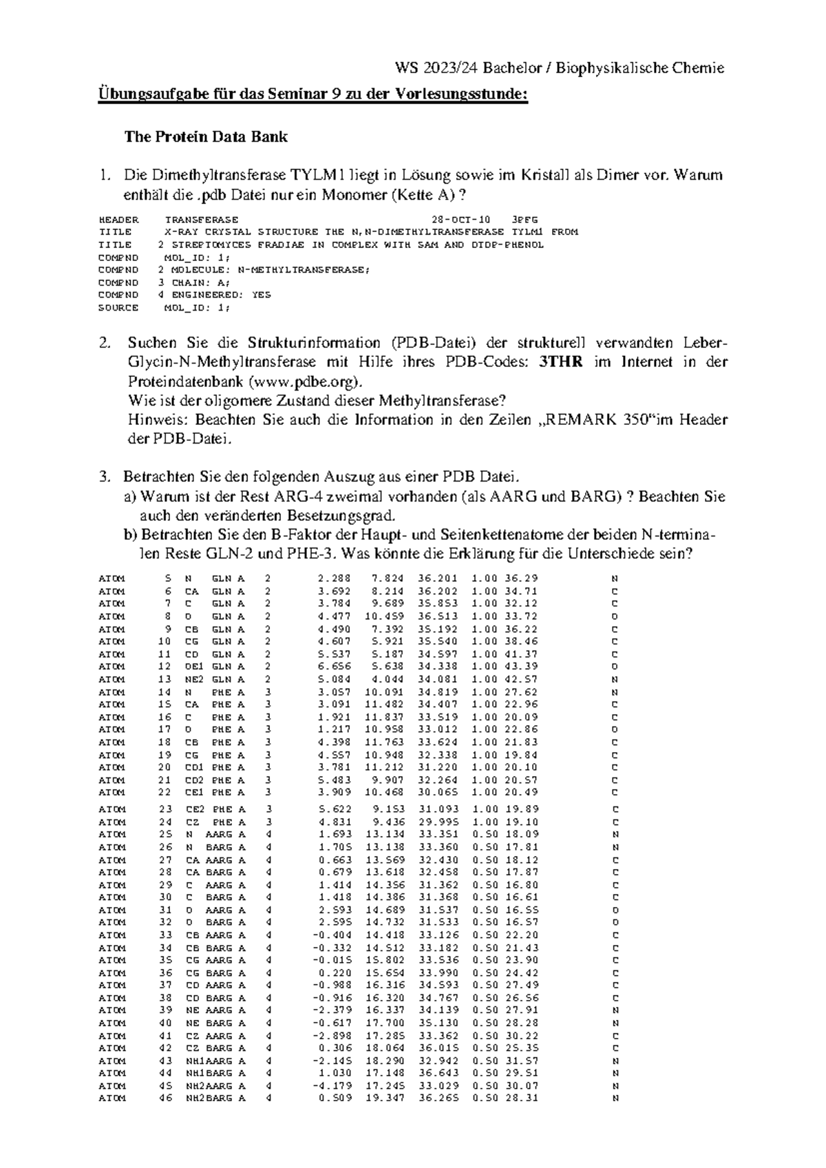 übungen 9 PDB BPC 2023 - Übungsaufgaben zur Proteindatenbank zum Seminar Biophysikalischechemie ...