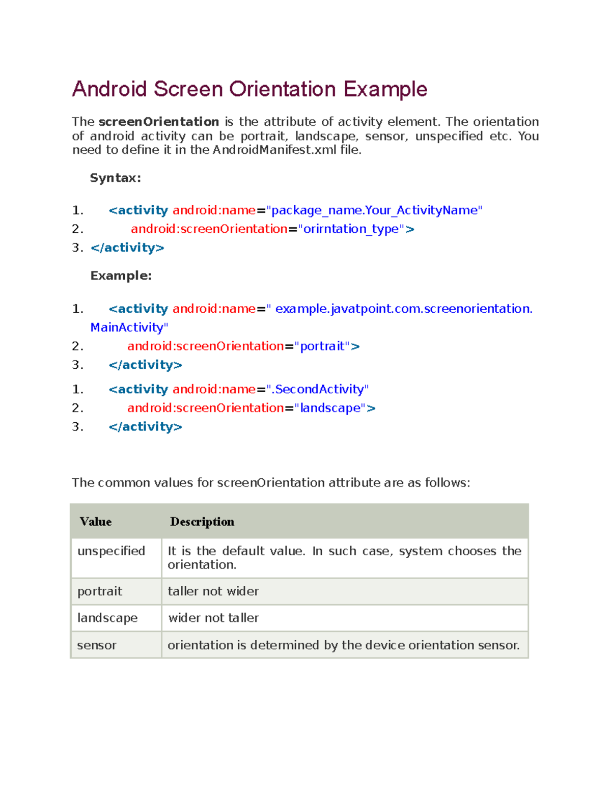 Lab 2 - LAB FOR MOBILE PROGRAMMING - Android Screen Orientation Example The screenOrientation is ...