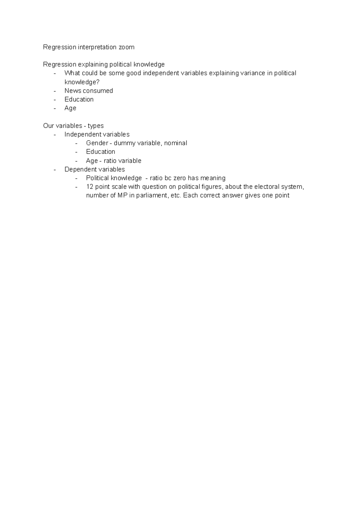Regression interpretation - Each correct answer gives one point What ...