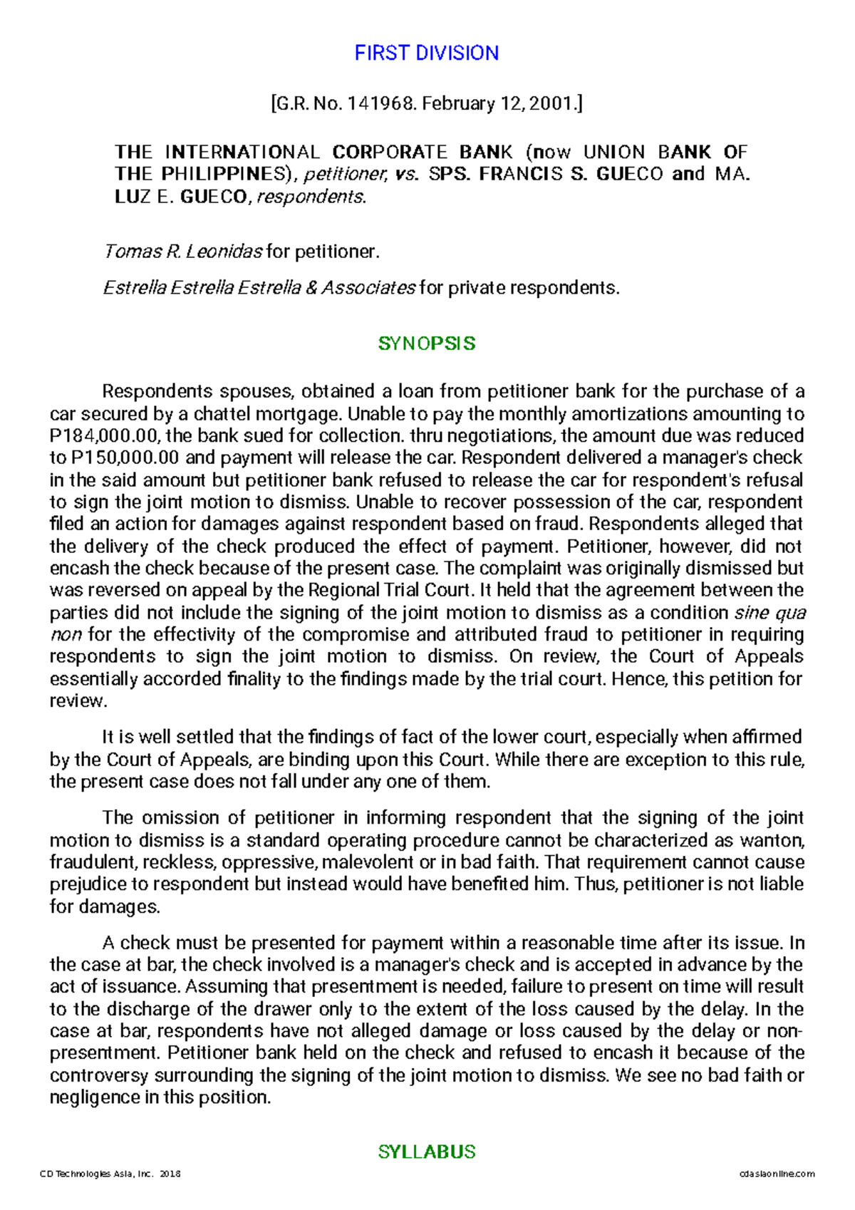 Negotiable Instruments Law Sample Documents - FIRST DIVISION [G. No ...