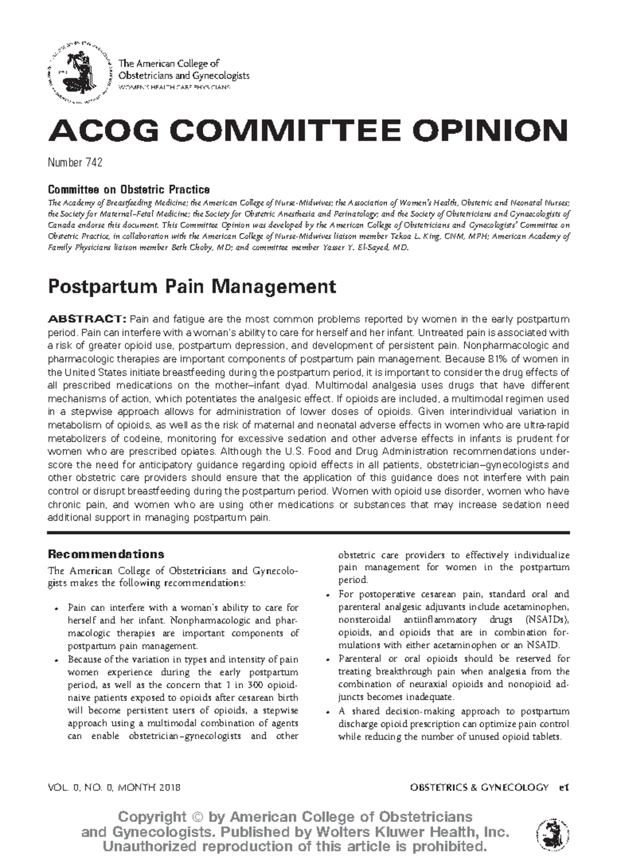 Postpartum pain management 2018 - ACOG COMMITTEE OPINION Number ...