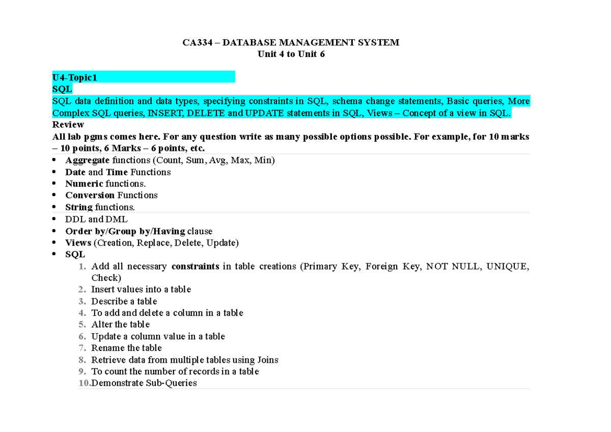 Notes for U4 to U6 - CA334 – DATABASE MANAGEMENT SYSTEM Unit 4 to Unit ...