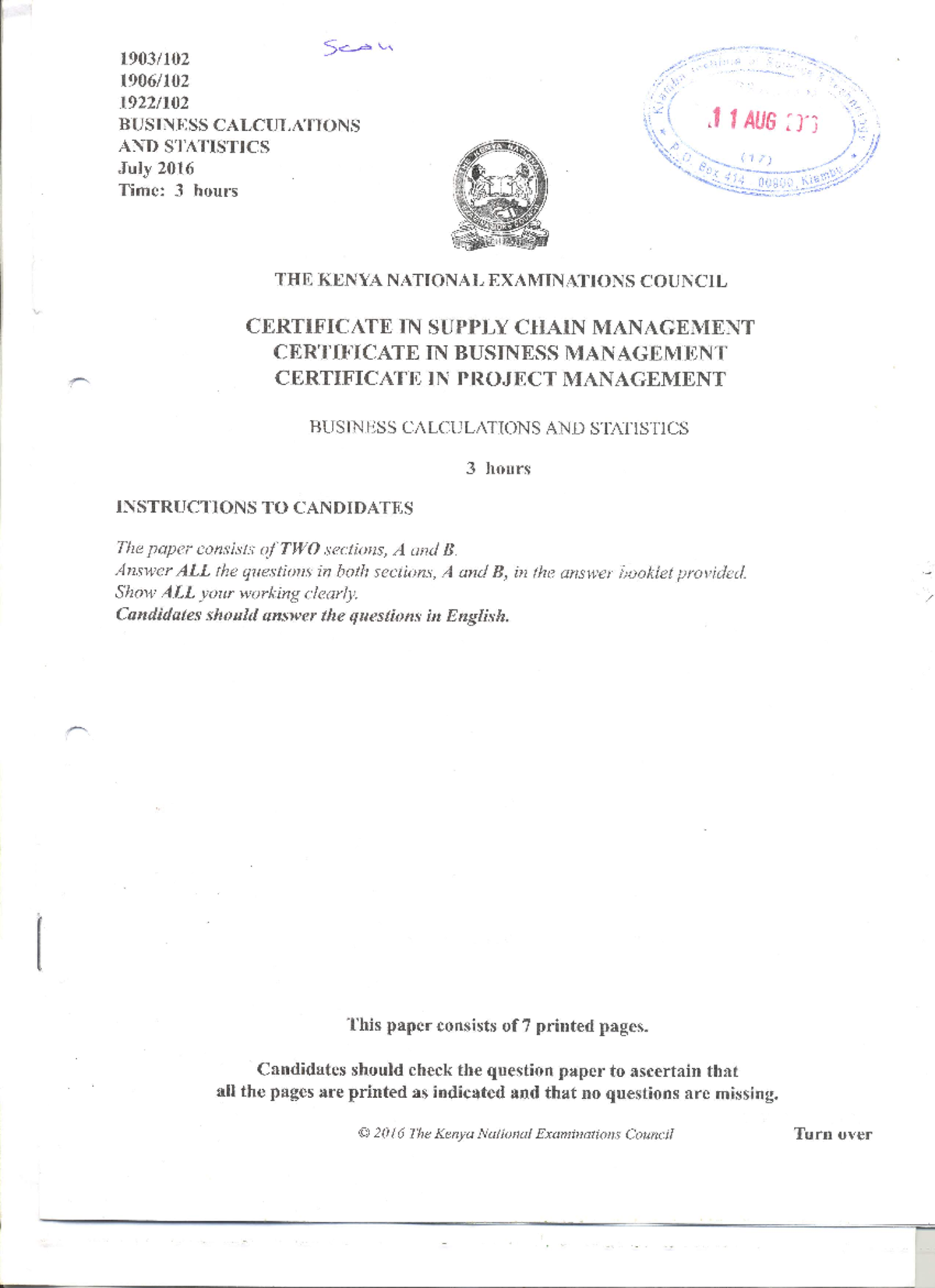 Business Calculations and Statistics July 2016 CSC - Business ...