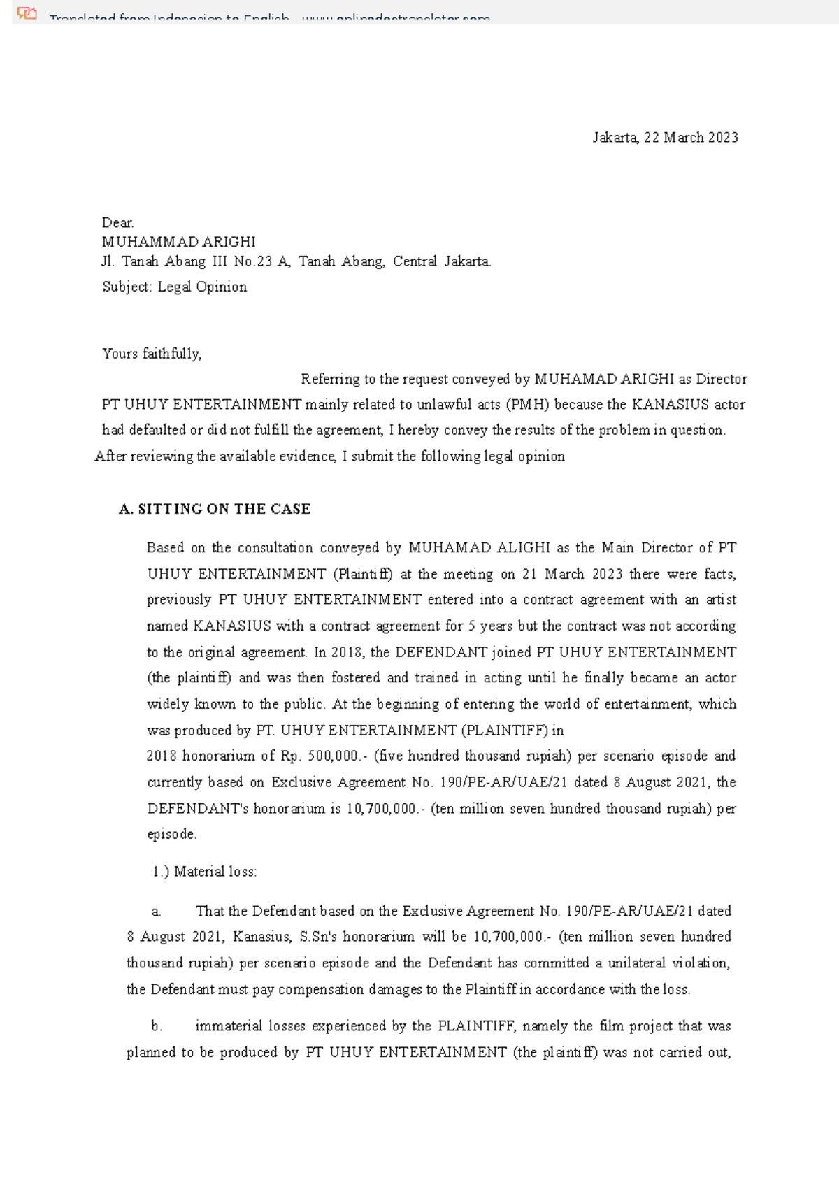 Legal Opinion in civil cases of default - Jakarta, 22 March 2023 Dear ...