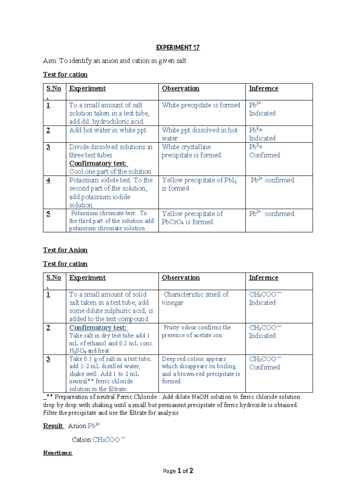 Experiment 9 To identify an anion and cation in given salt - EXPERIMENT 17 Aim: To identify an ...