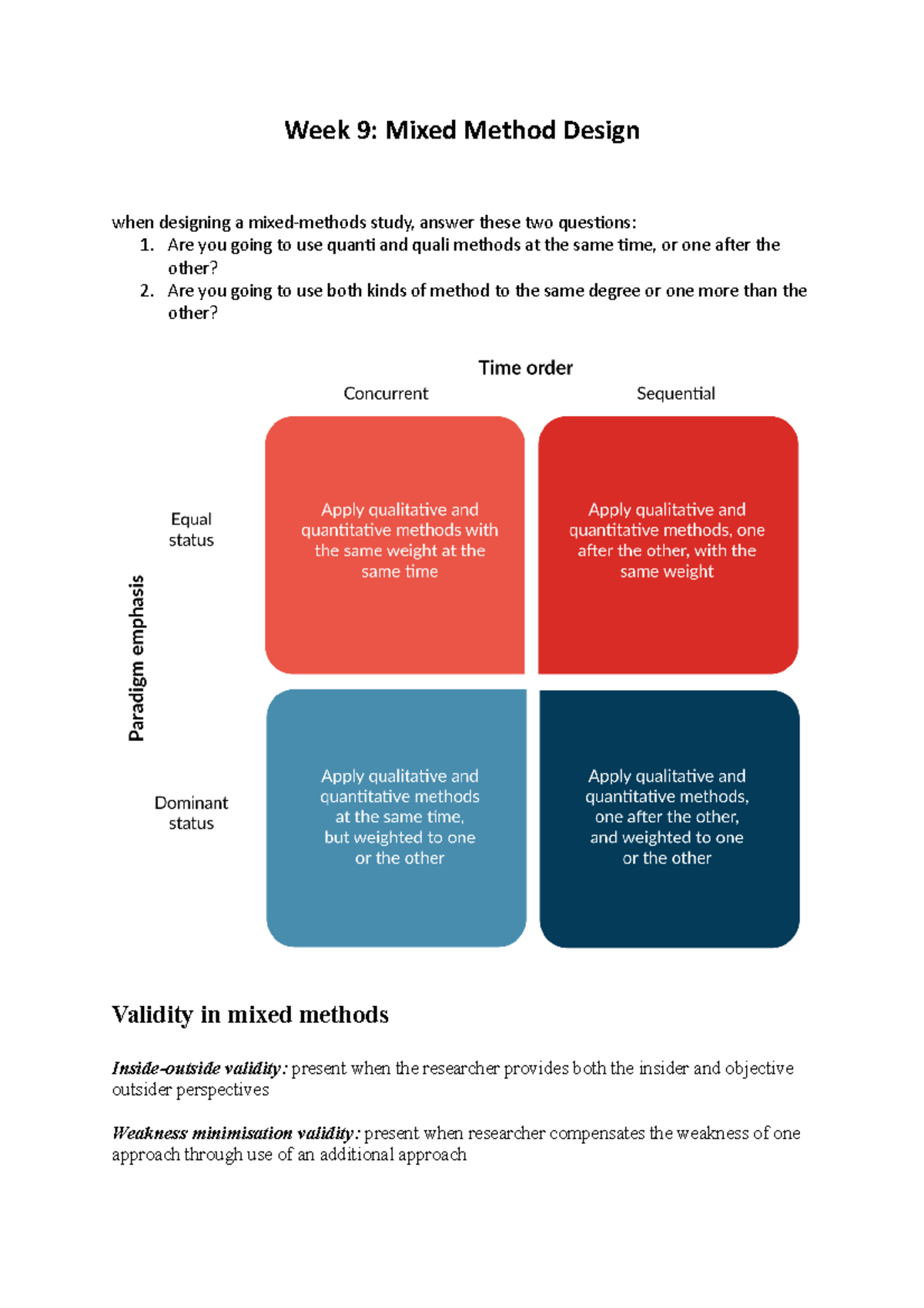Week 9 - LEcture notes week 11 - Week 9: Mixed Method Design when ...
