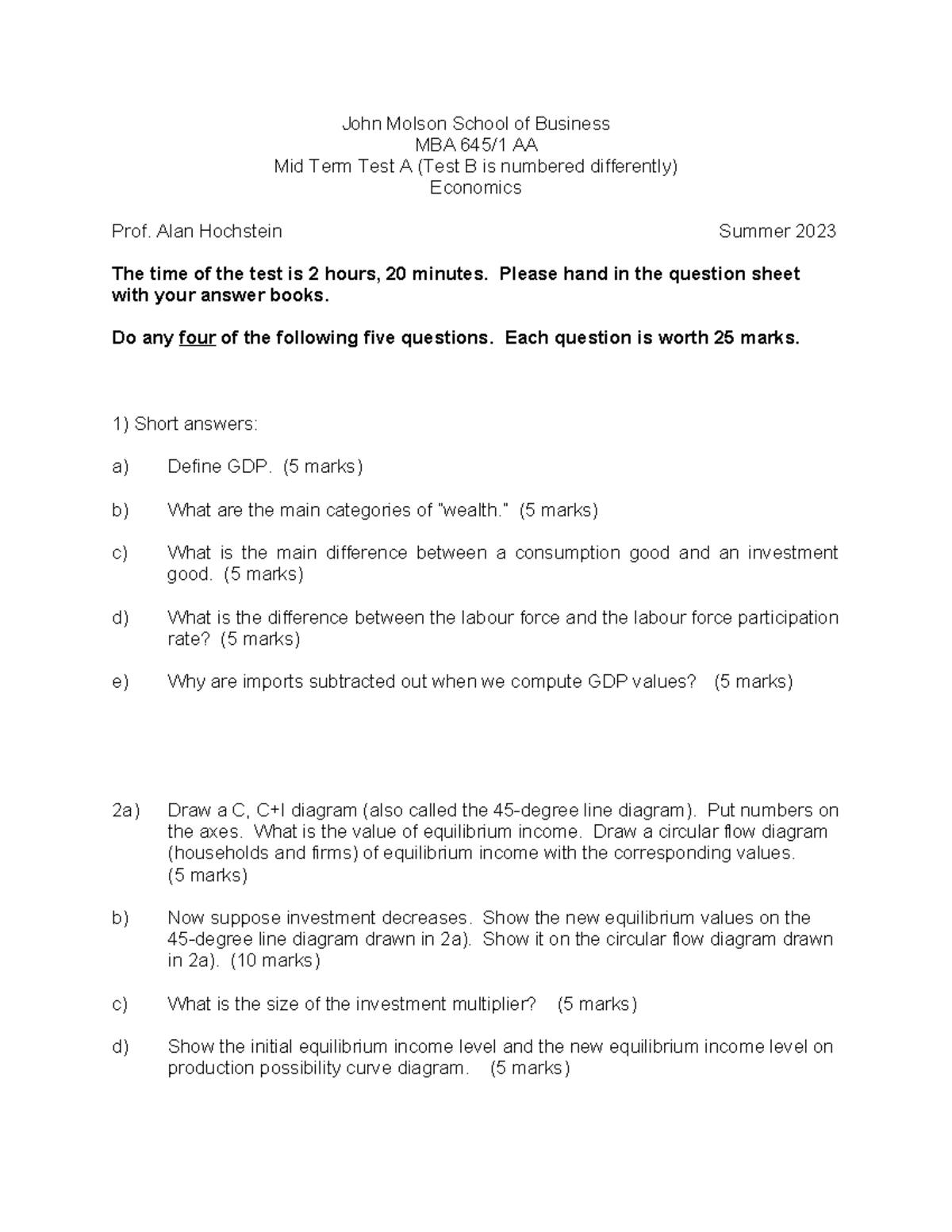 MBA 645 Mid Term Test Summer 2023 - John Molson School of Business MBA ...